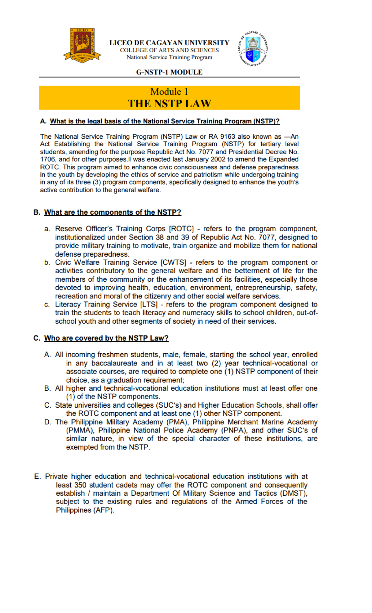 NSTP Module - Anatomy and Physiology - Studocu