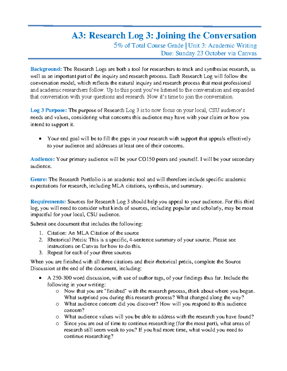 A3 Research Log 3 Prompt and Rubric CO150 2022-2023 - A3: Research Log ...
