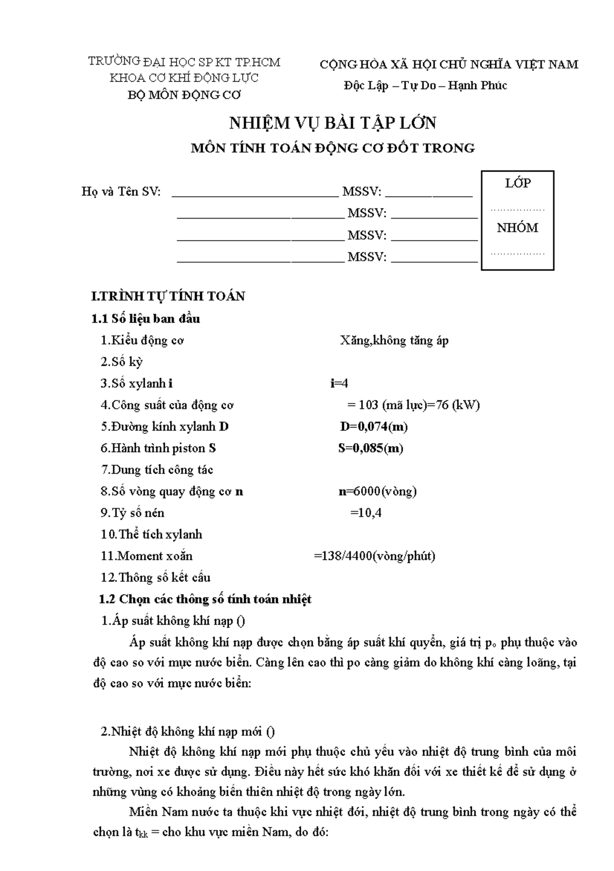 BTL Ttdcdt - ddd - TRƯỜNG ĐẠI HỌC SP KT TP KHOA CƠ KHÍ ĐỘNG LỰC BỘ MÔN ĐỘNG CƠ CỘNG HÒA XÃ HỘI ...