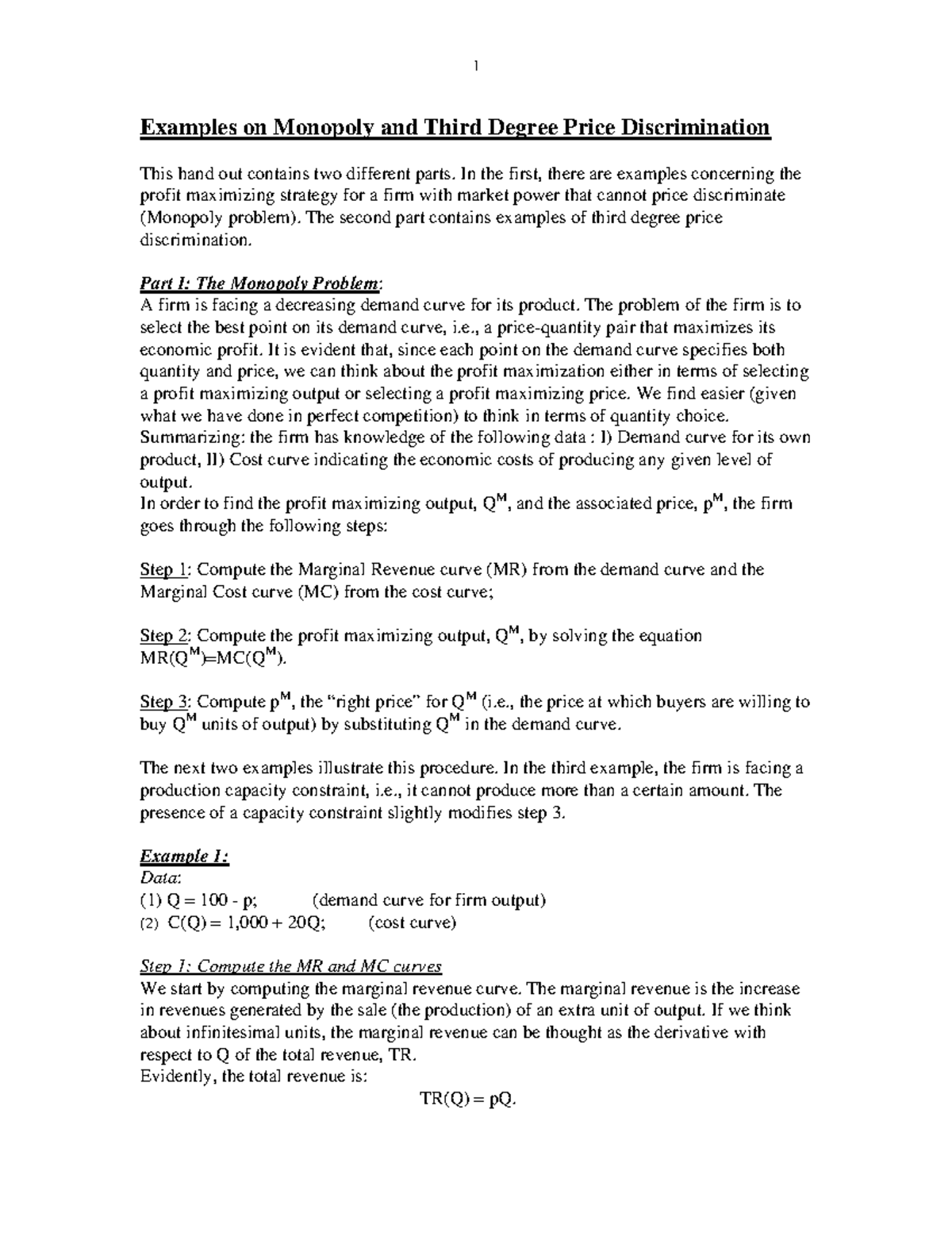 Monopoly&Price Discrimination - Examples on Monopoly and Third Degree ...