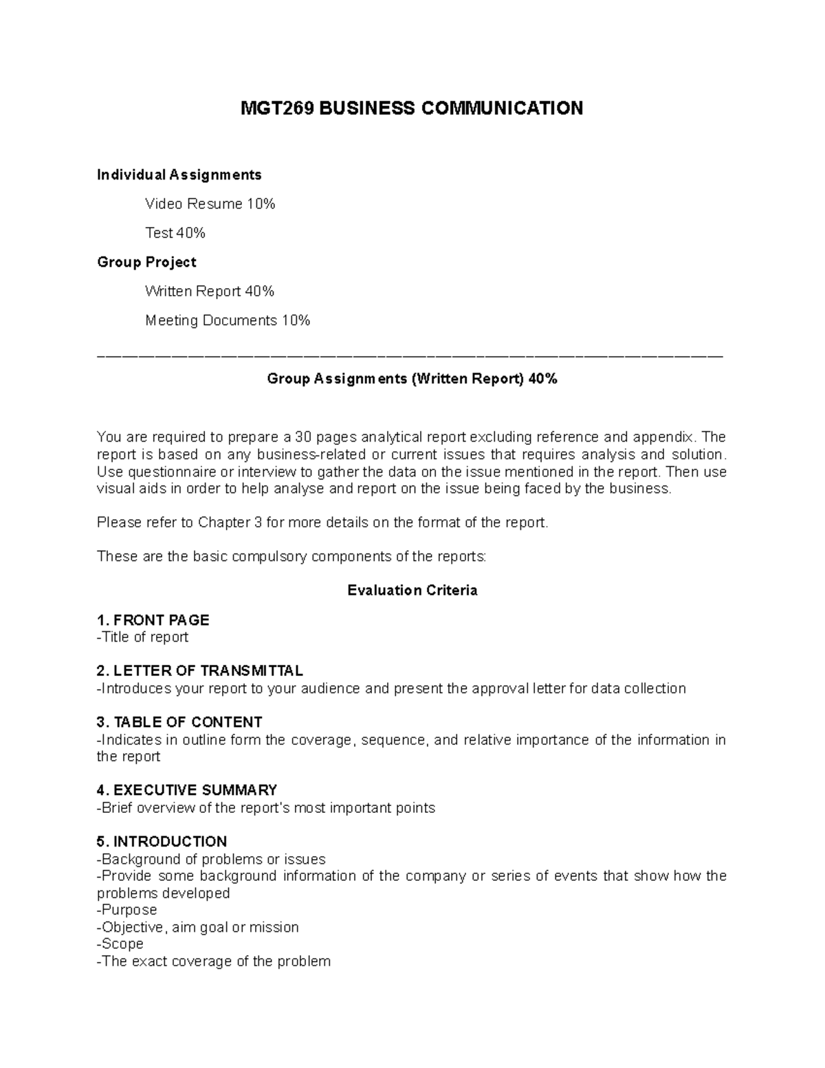 MGT269 Business Communication Written Report Assignment - MGT269 ...