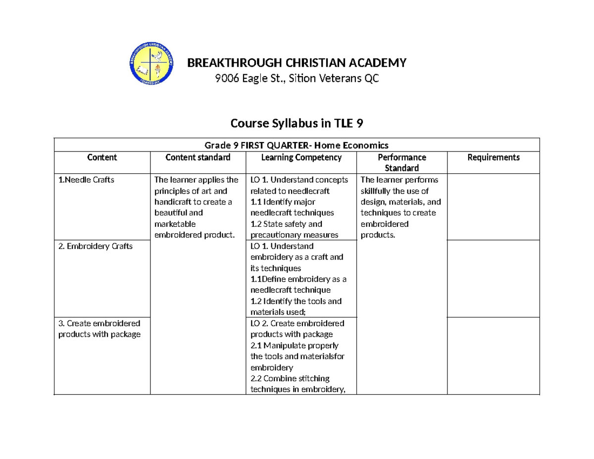 Course Syllabus in TLE 9 - BREAKTHROUGH CHRISTIAN ACADEMY 9006 Eagle St ...