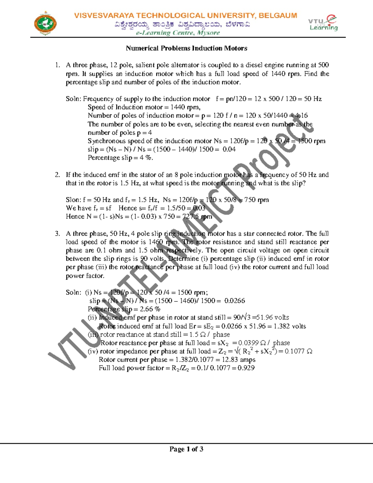 329857100 Numerical Problems Induction Motors - Numerical Problems Induction Motors A three ...