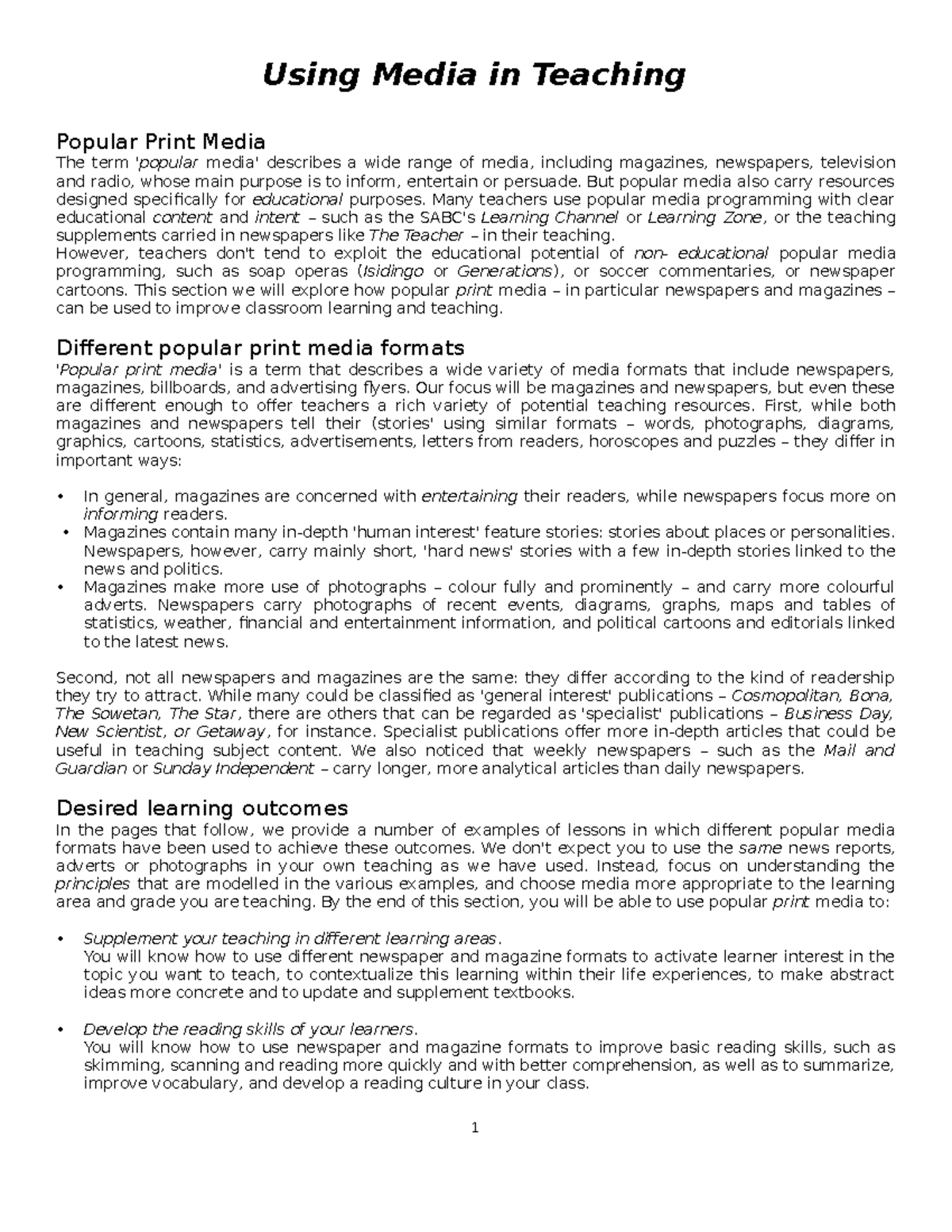 Using Media in Teaching - Using Media in Teaching Popular Print Media ...