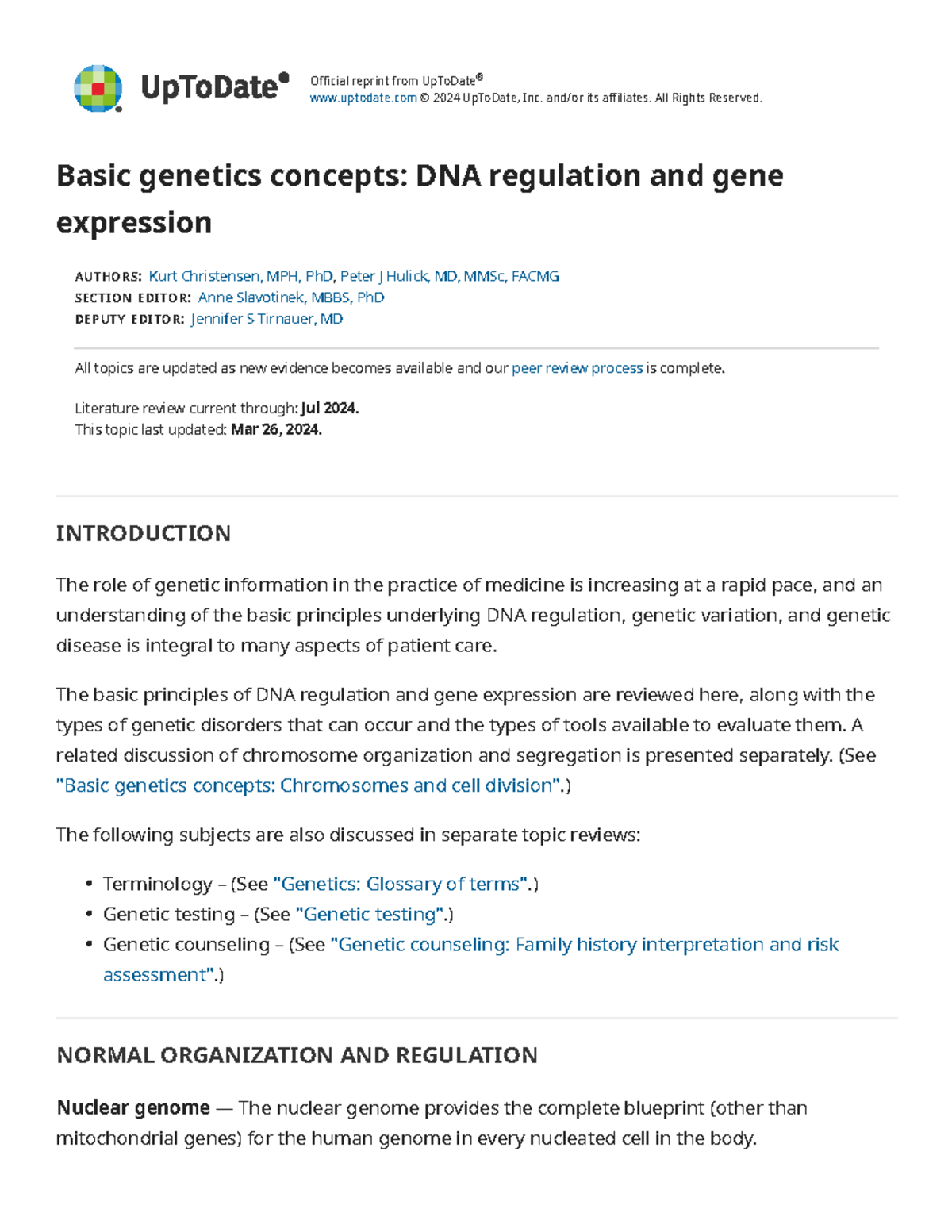 Basic genetics concepts DNA regulation and gene expression - Up To Date ...