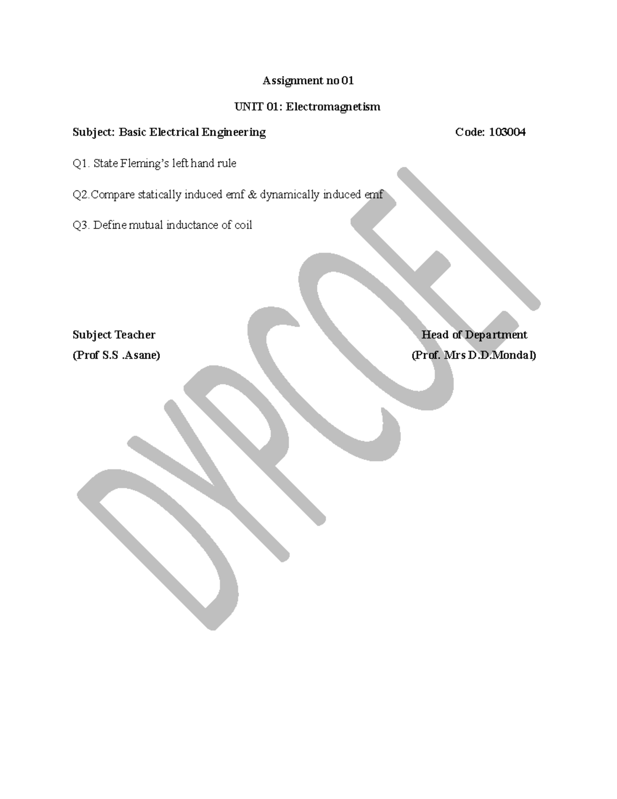 Assignment no 1 2 BEE - Basic electrical engineering - SPPU - Studocu