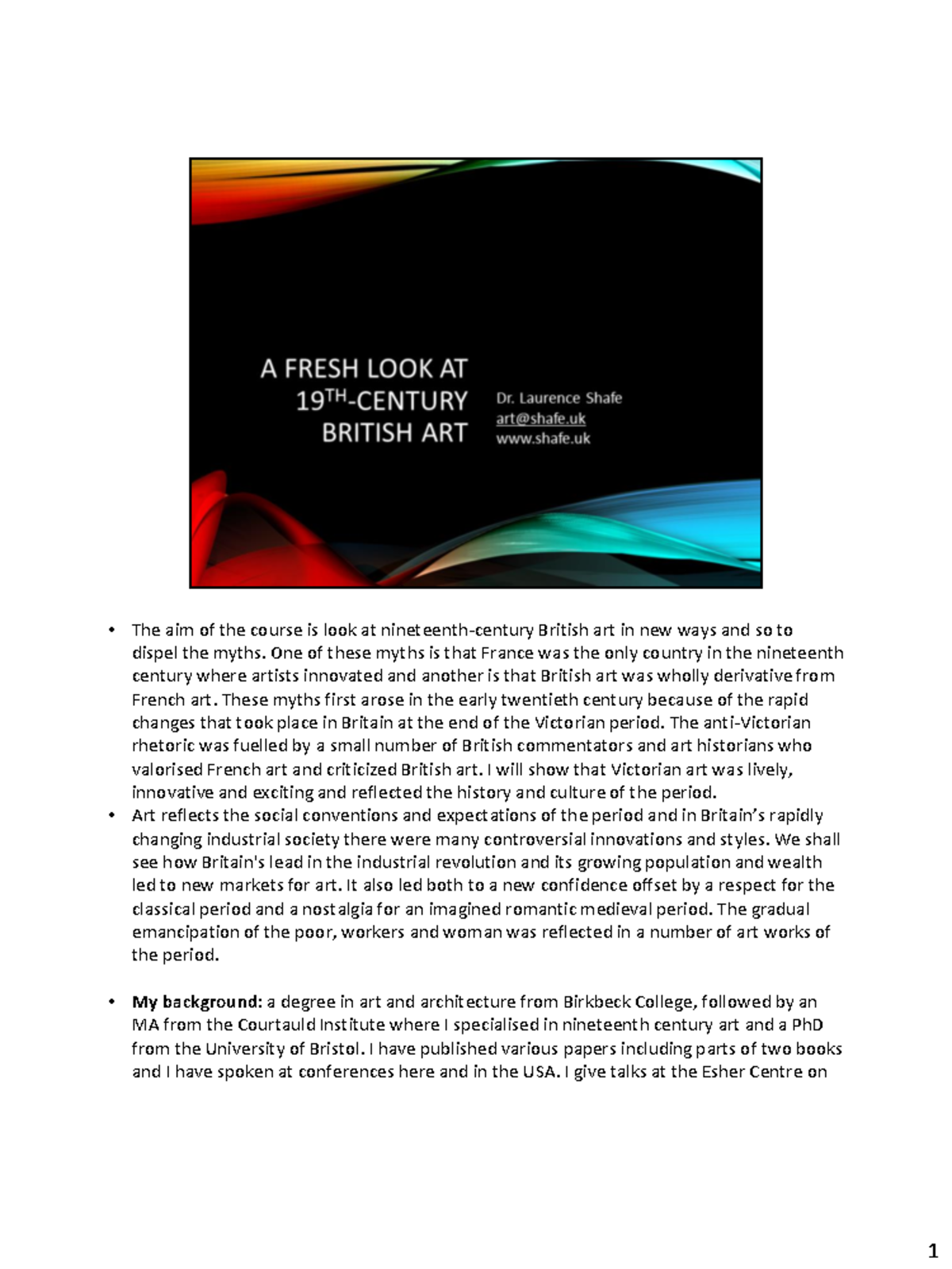 P01-Introduction - art 1 - The aim of the course is look at nineteenth ...