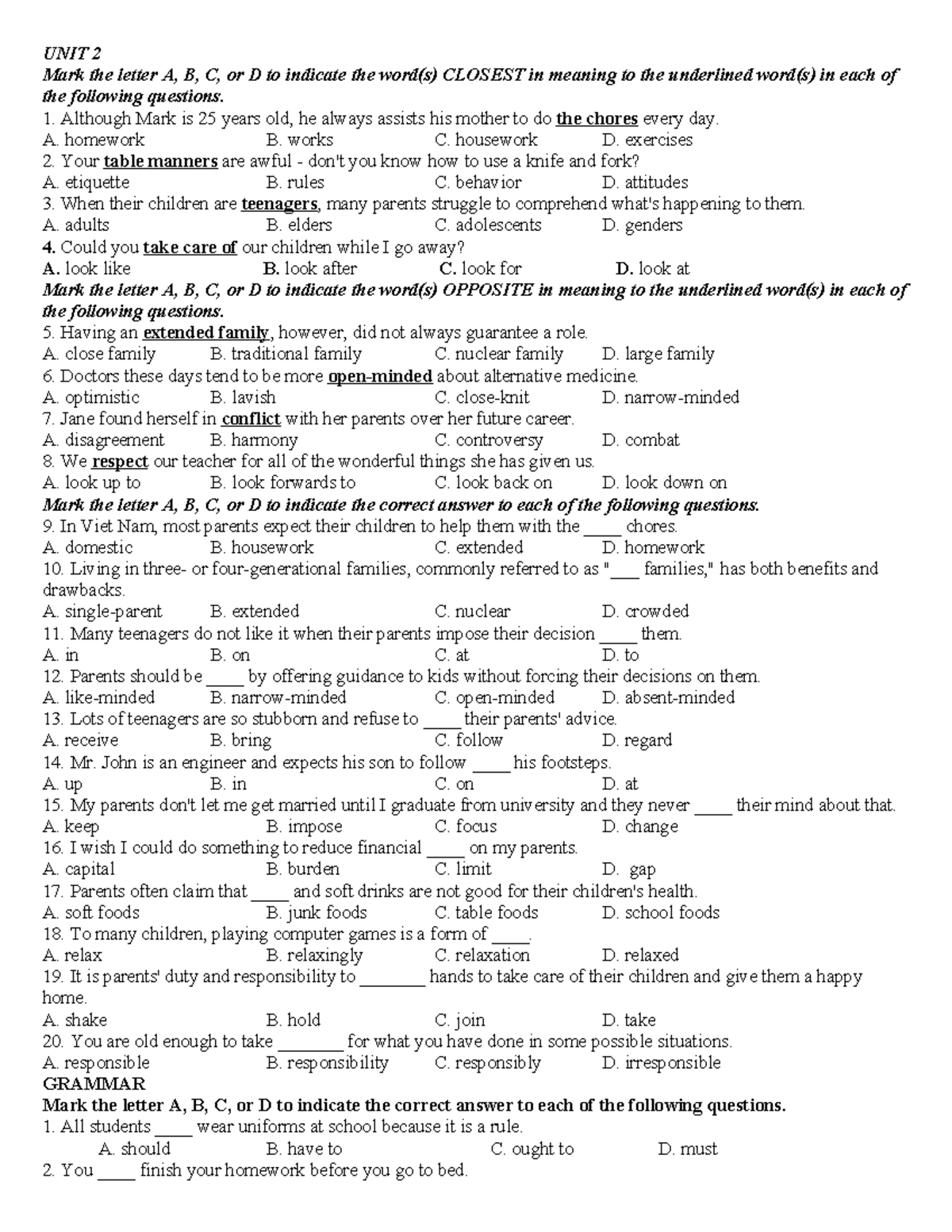 BUỔI 5 UNIT 2 - UNIT 2 Mark the letter A, B, C, or D to indicate the ...