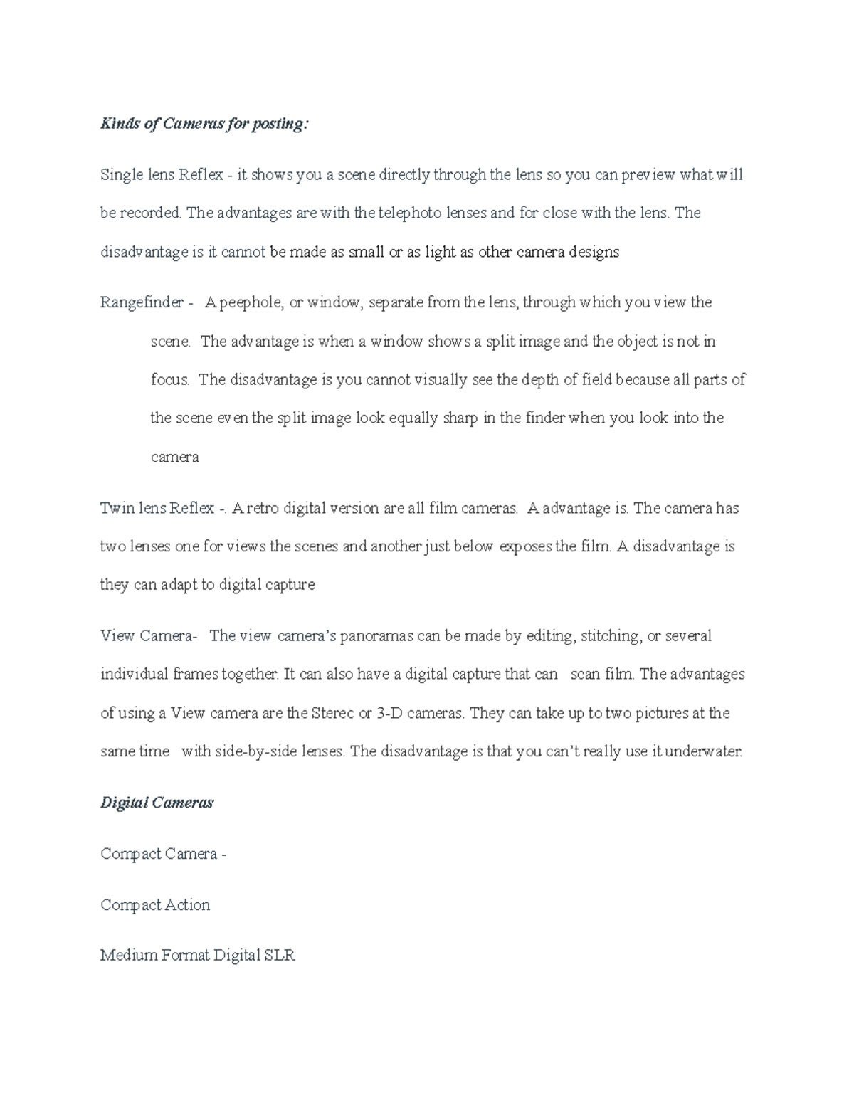 Photo words Bryson - great notes - Kinds of Cameras for posting: Single ...