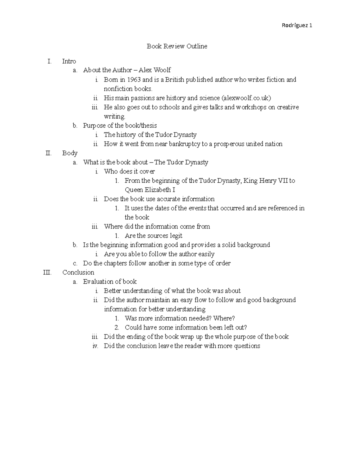 Book Review Outline Grade A Rodriguez 1 Book Review Outline I II