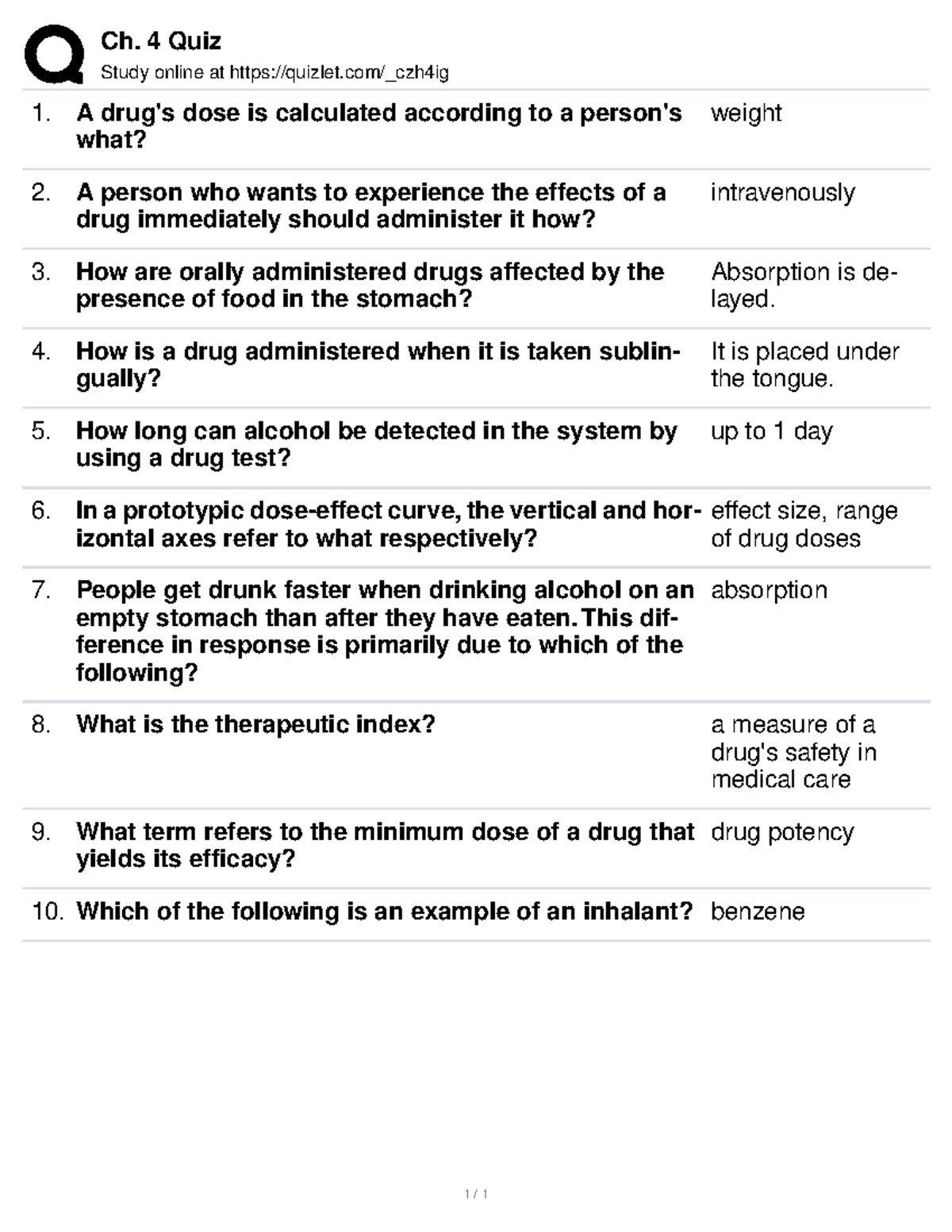 Ch. 4 Quiz - Drugs and Behavior in Psychology (PSYC 4060) - Ch. 4 Quiz ...