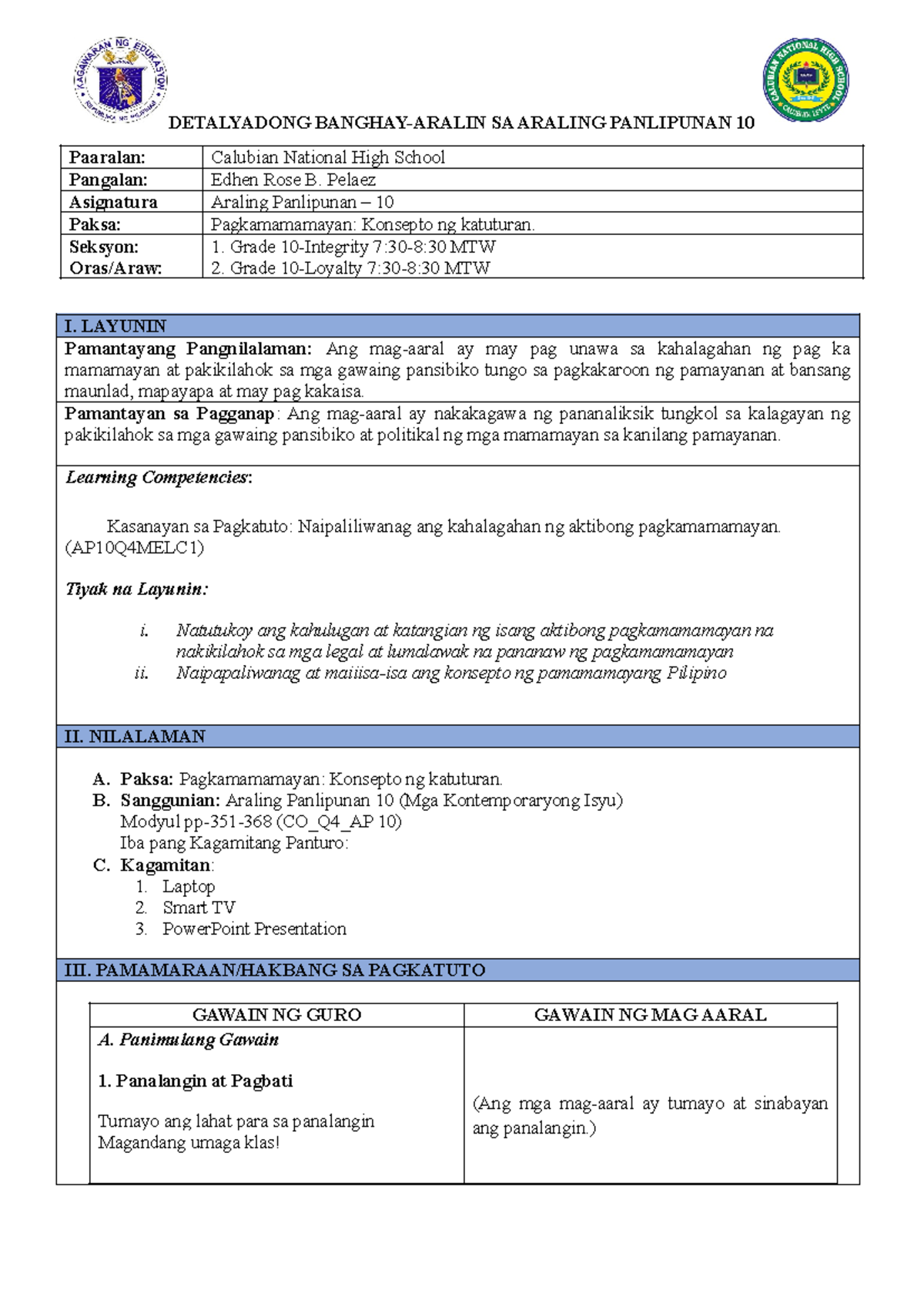 Q4-M1 Lesson PLAN - DETALYADONG BANGHAY-ARALIN SA ARALING PANLIPUNAN 10 ...