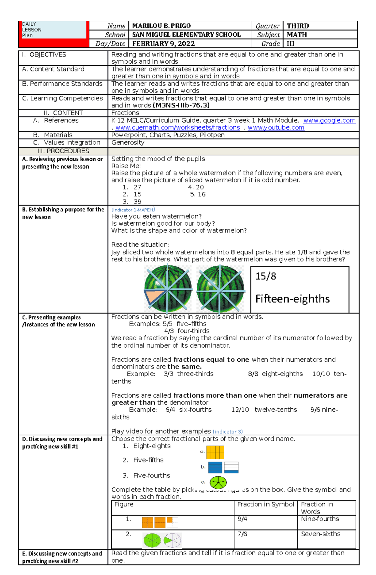 Fractions cot - nothing much - DAILY LESSON Plan Name MARILOU B. PRIGO ...