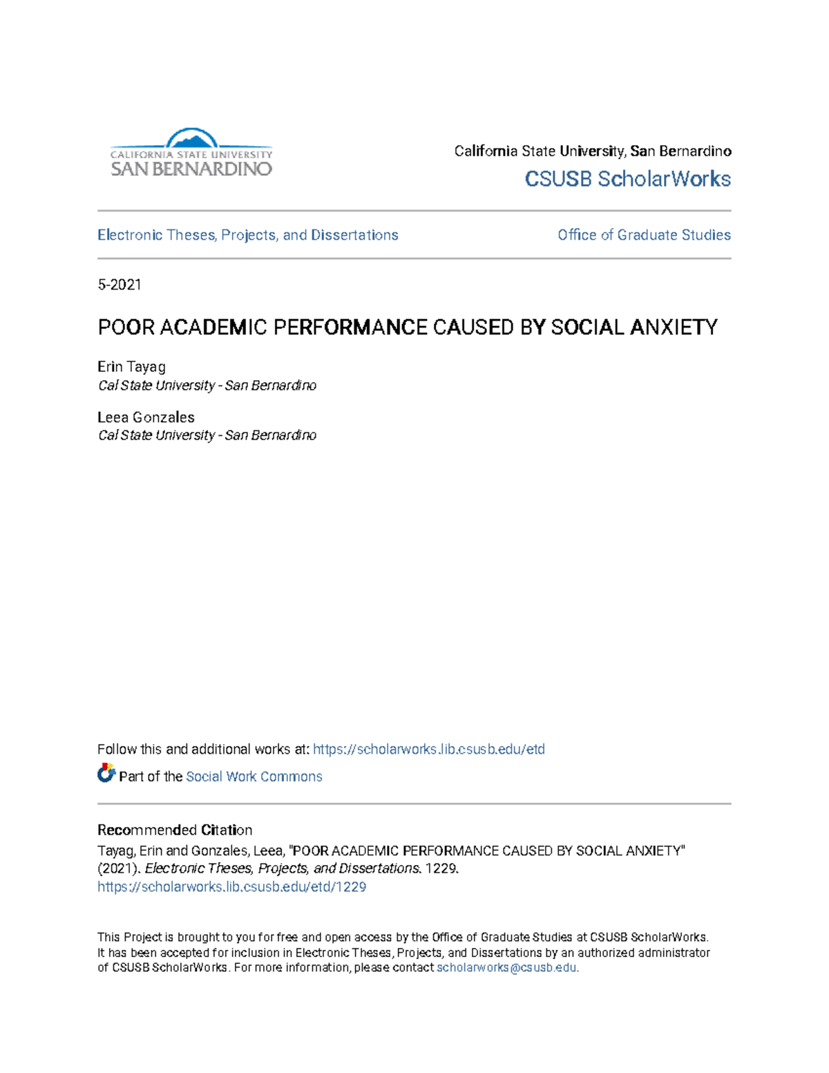 POOR Academic Performance Caused BY Social Anxiety - California State ...