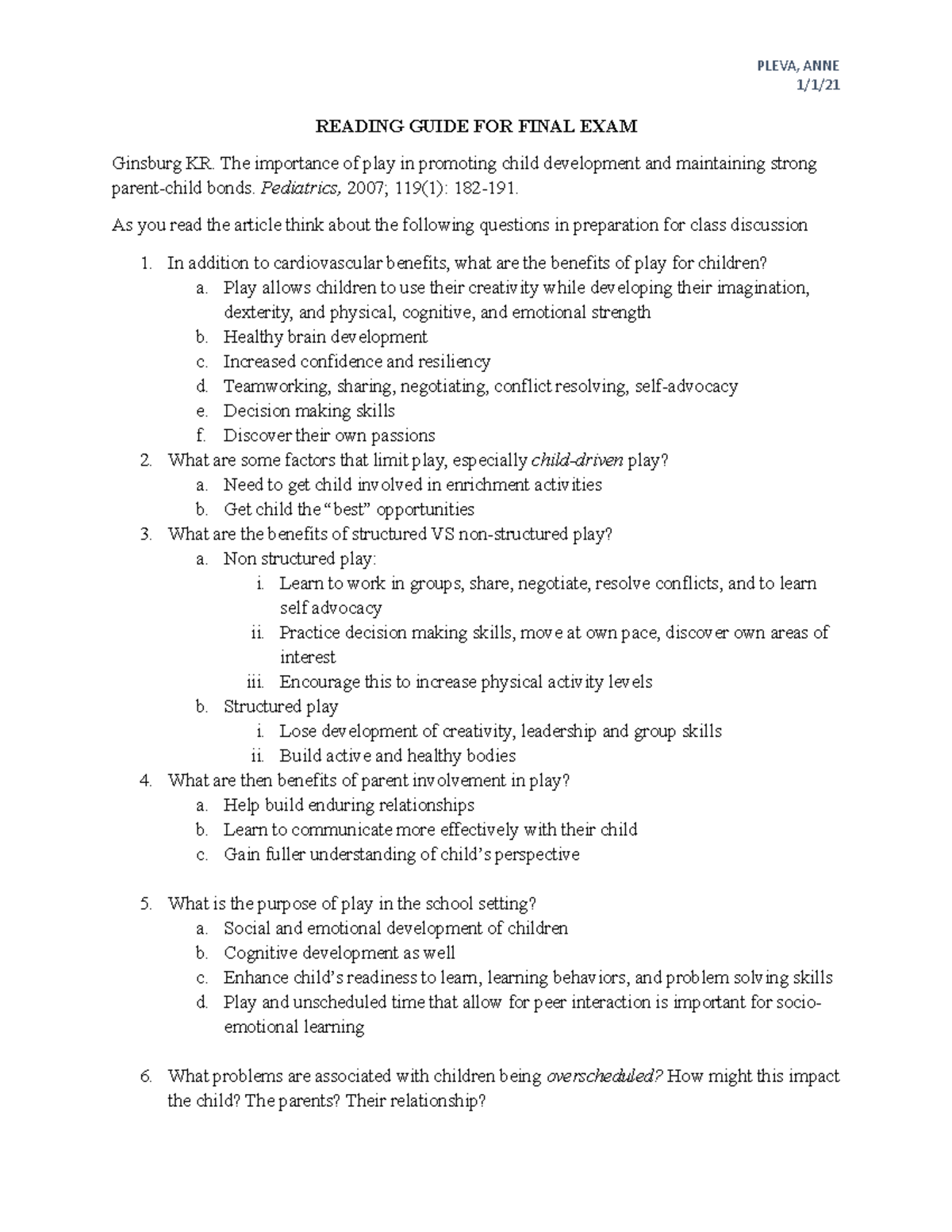 Final reading guide - 1/1/ READING GUIDE FOR FINAL EXAM Ginsburg KR ...