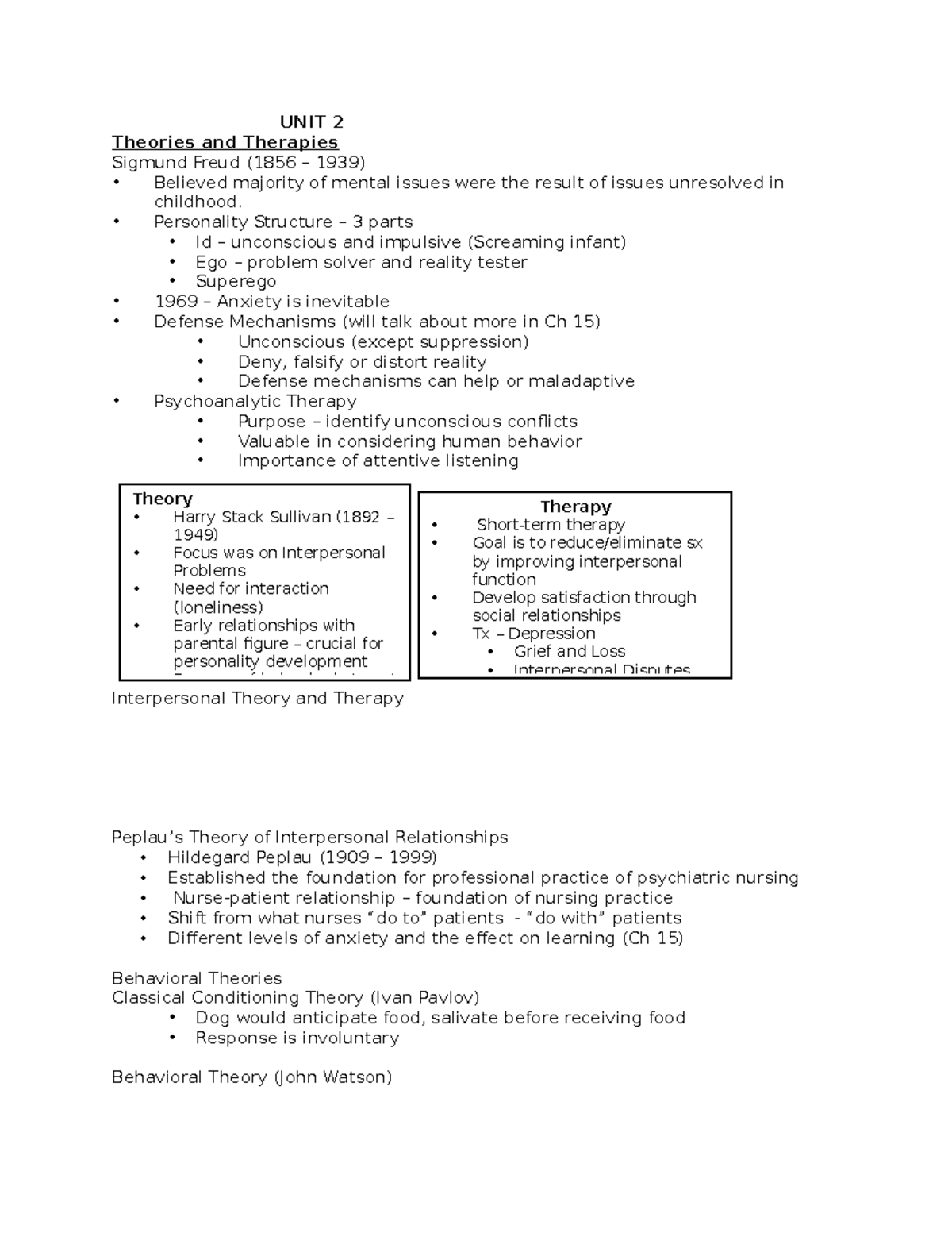 Mental Health Unit 2 - notes - UNIT 2 Theories and Therapies Sigmund ...