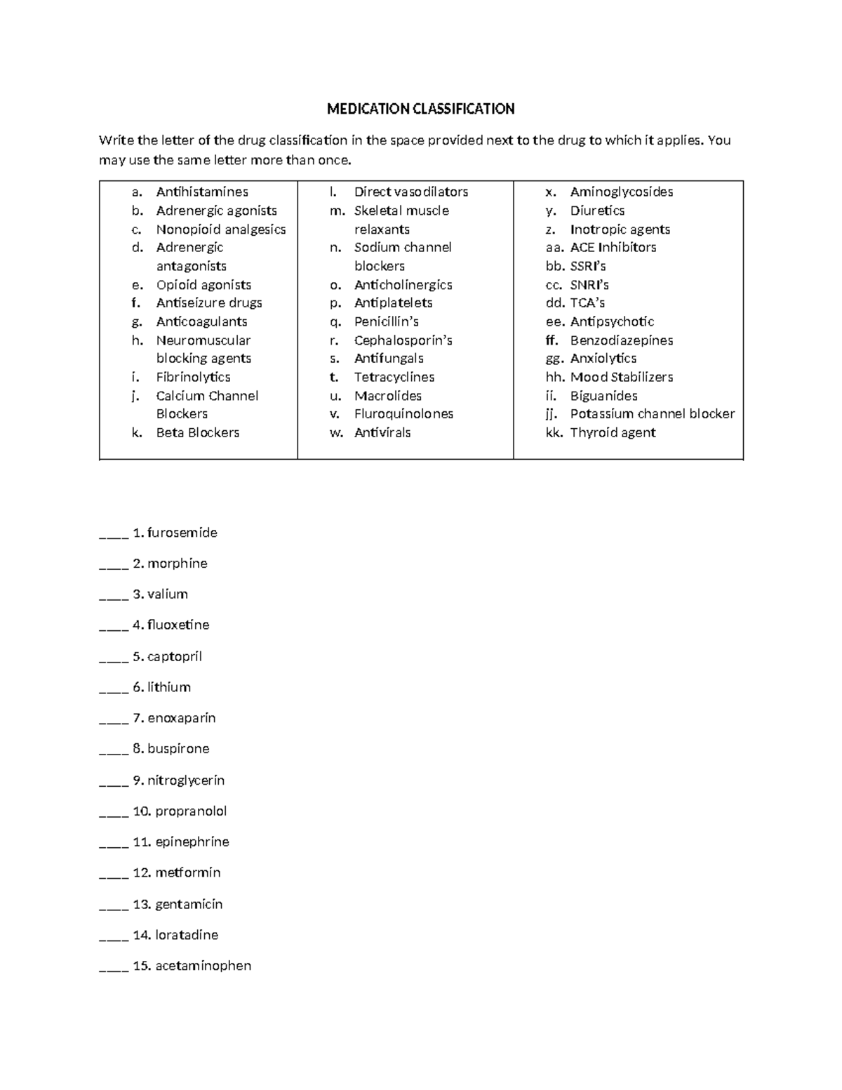Final Exam -Drug Classification Matching Quiz Fall2023 - MEDICATION ...