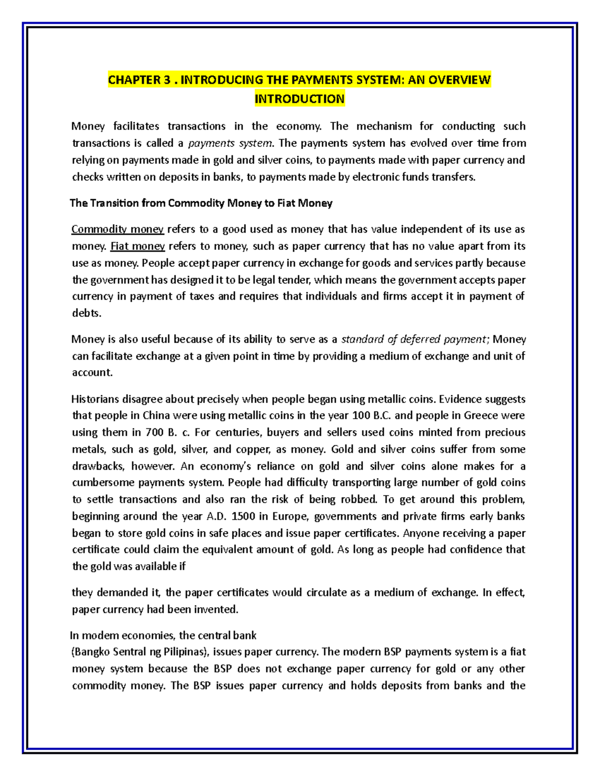 THE Payments System - CHAPTER 3. INTRODUCING THE PAYMENTS SYSTEM: AN ...