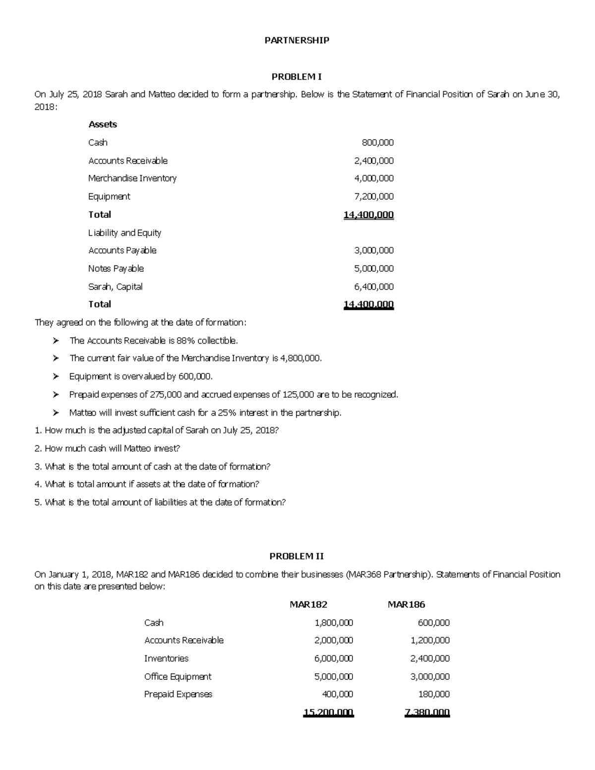 1 Partnership - practice material - PARTNERSHIP PROBLEM I On July 25 ...