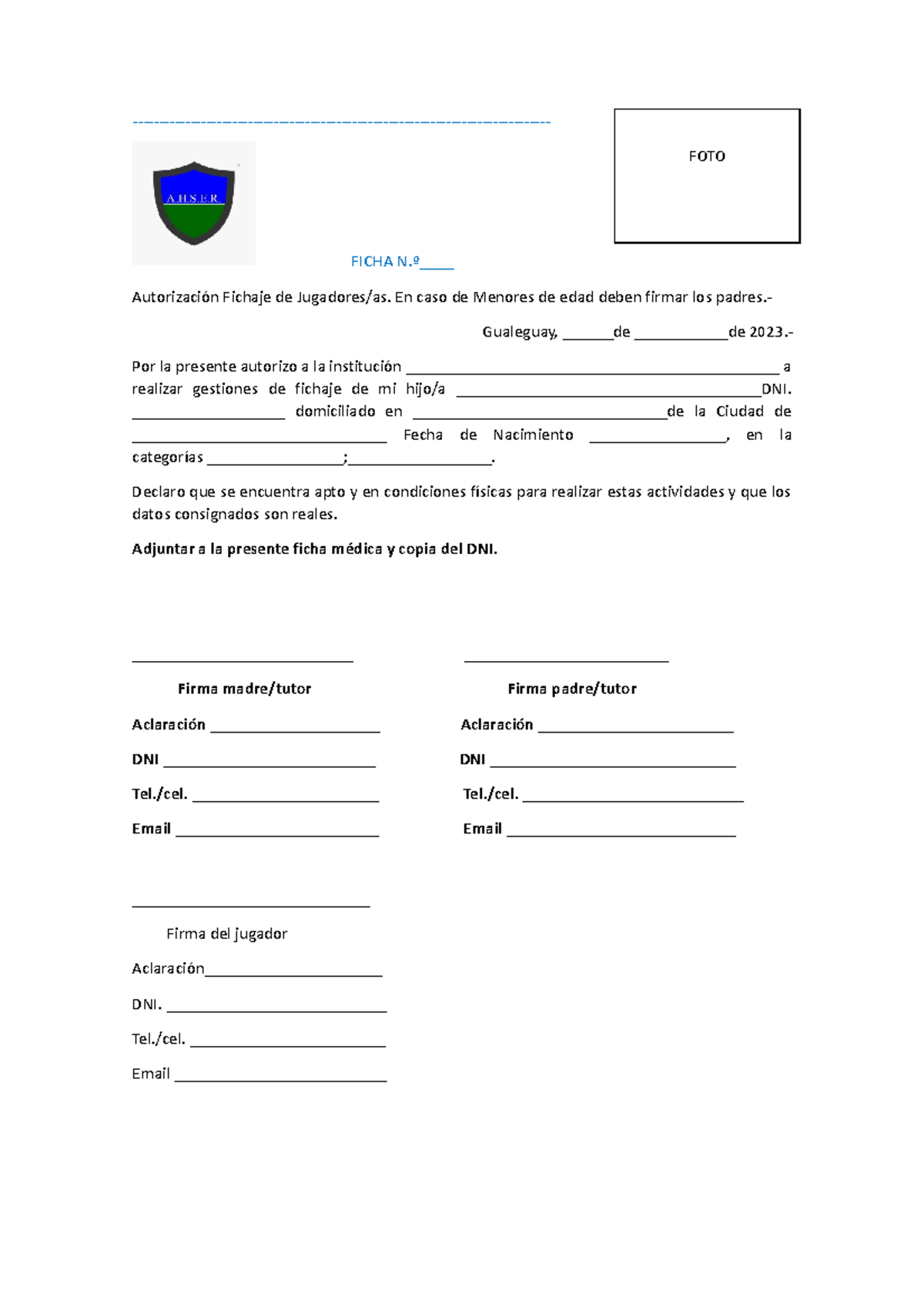 Autorización Fichaje de Jugadores - FICHA N.º____ Autorización Fichaje ...