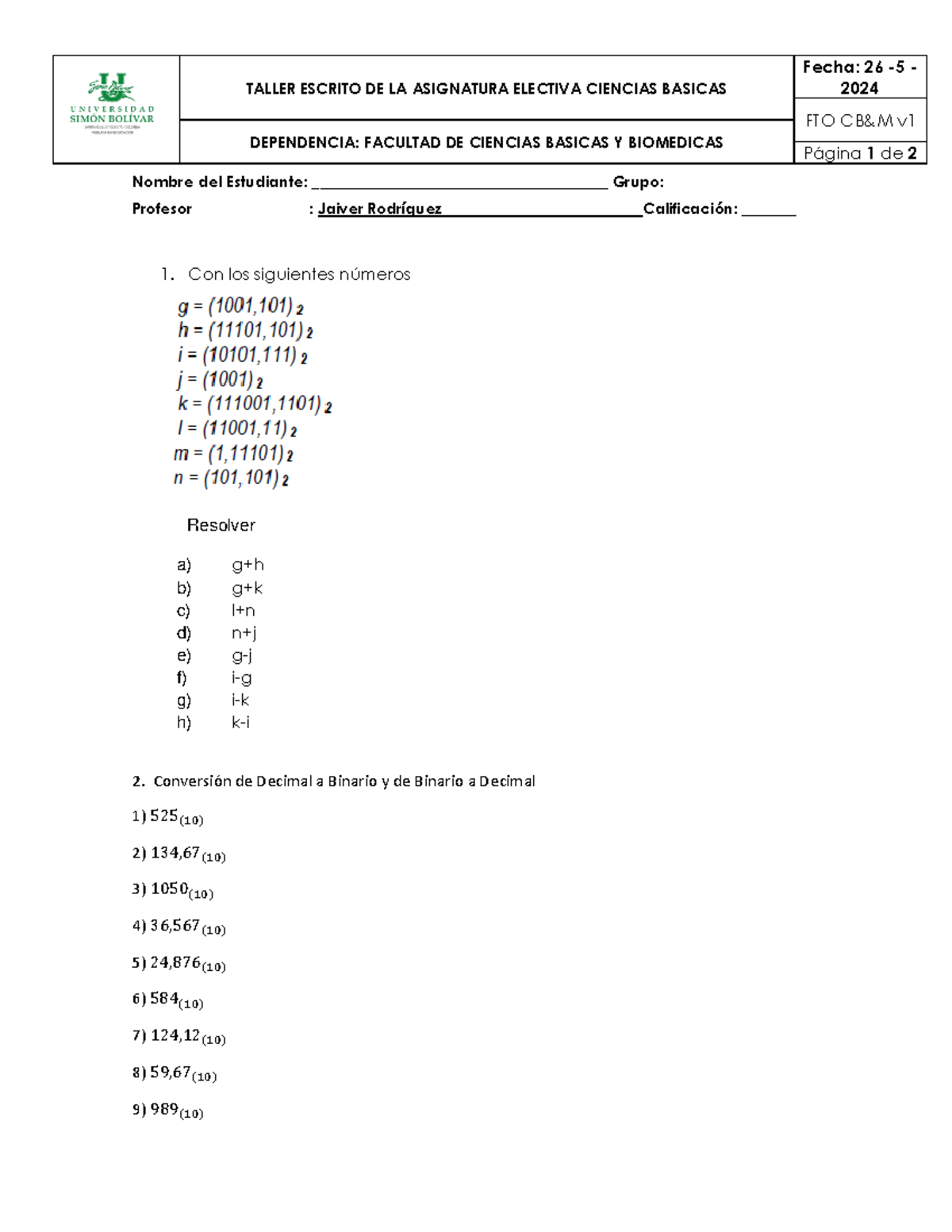 Taller Conversion de Decimal a Binario y Sumas y Restas de Binarios ...