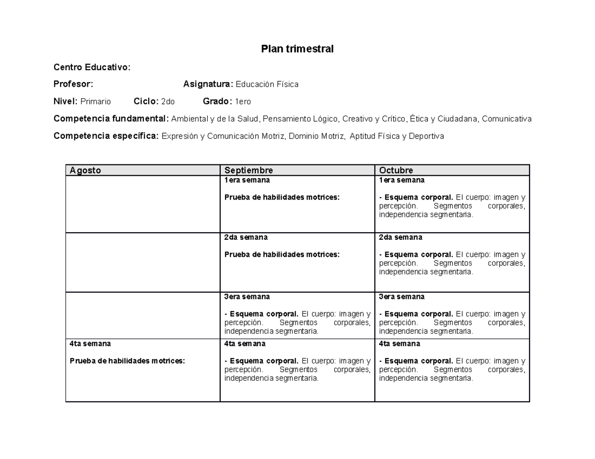 Planificacion anual por trimestre 1ero grado - Plan trimestral Centro ...
