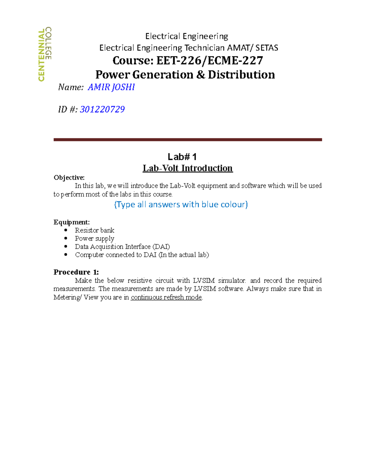 EET-226 Lab # 1 introduction to labvolt - ` Electrical Engineering ...