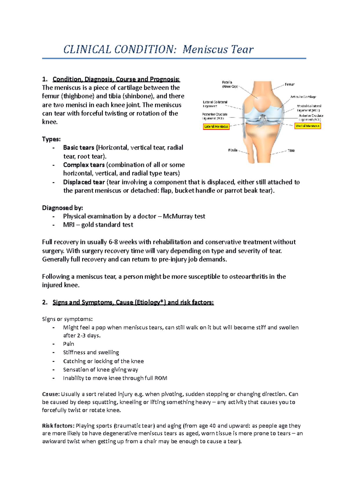 Meniscus Tear - Condition, Diagnosis, Course and Prognosis: The ...