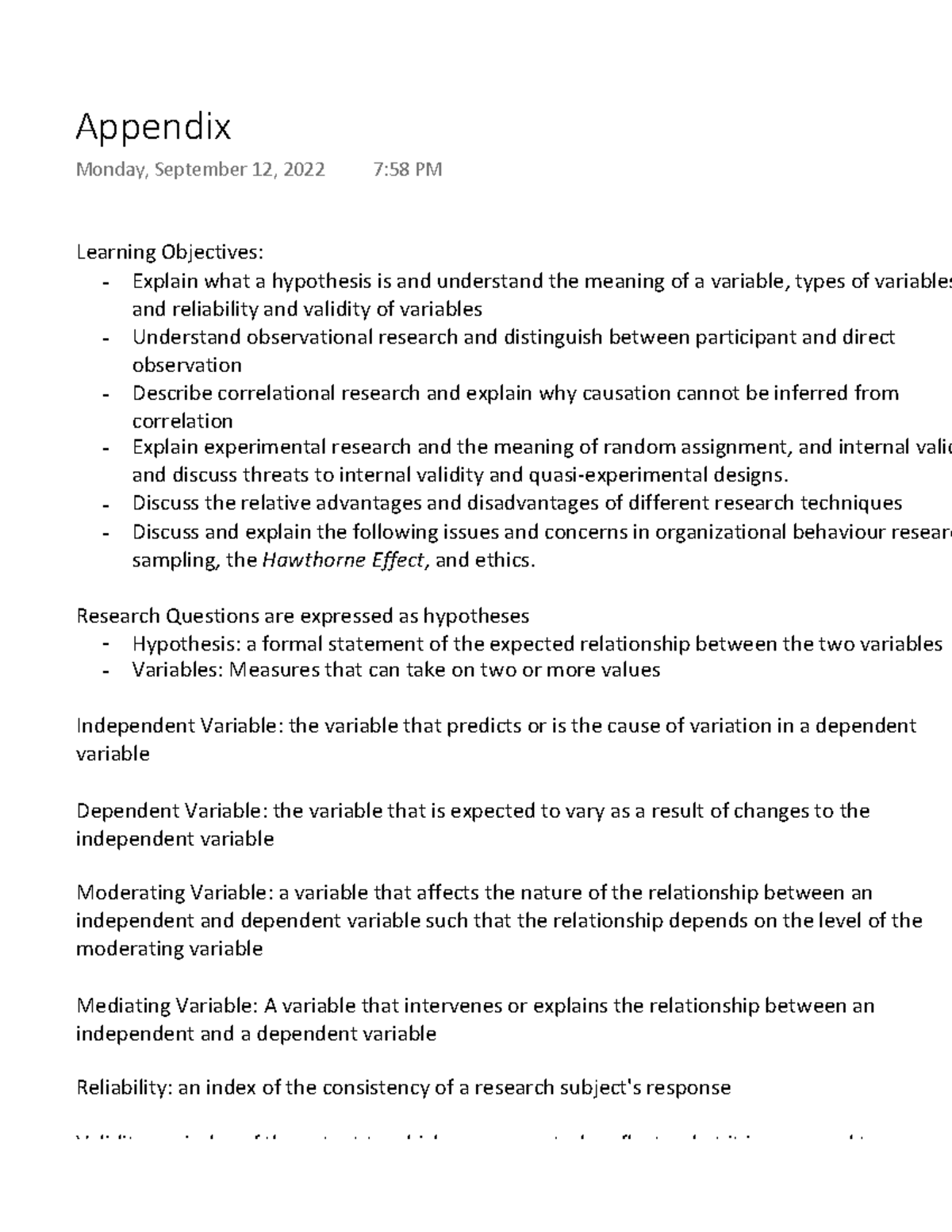 Appendix OB BU288 - Learning Objectives: Explain what a hypothesis is ...