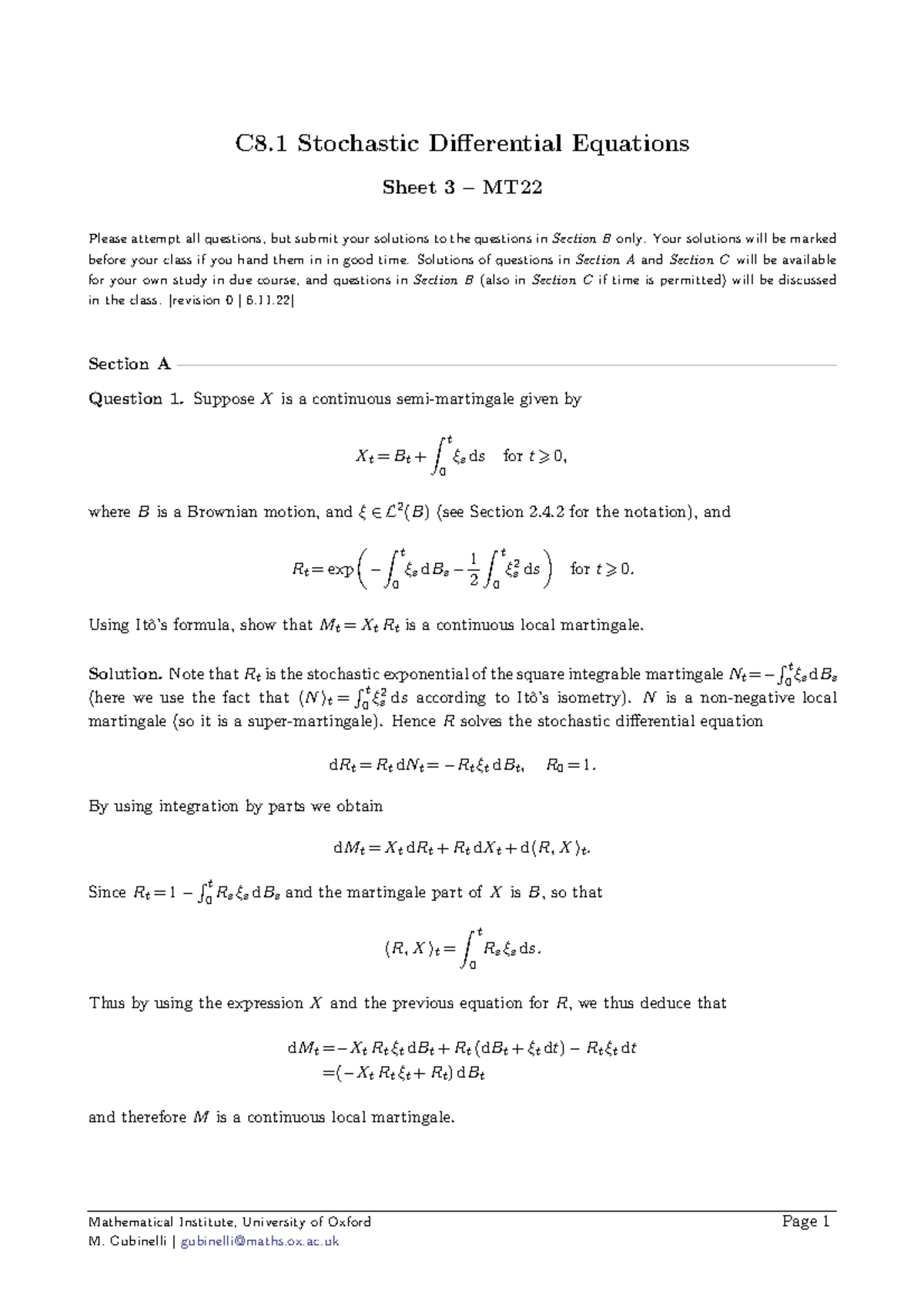 C8 1 problem sheet 3 with sol - C8 Stochastic Differential Equations Sheet 3 – MT Please attempt ...