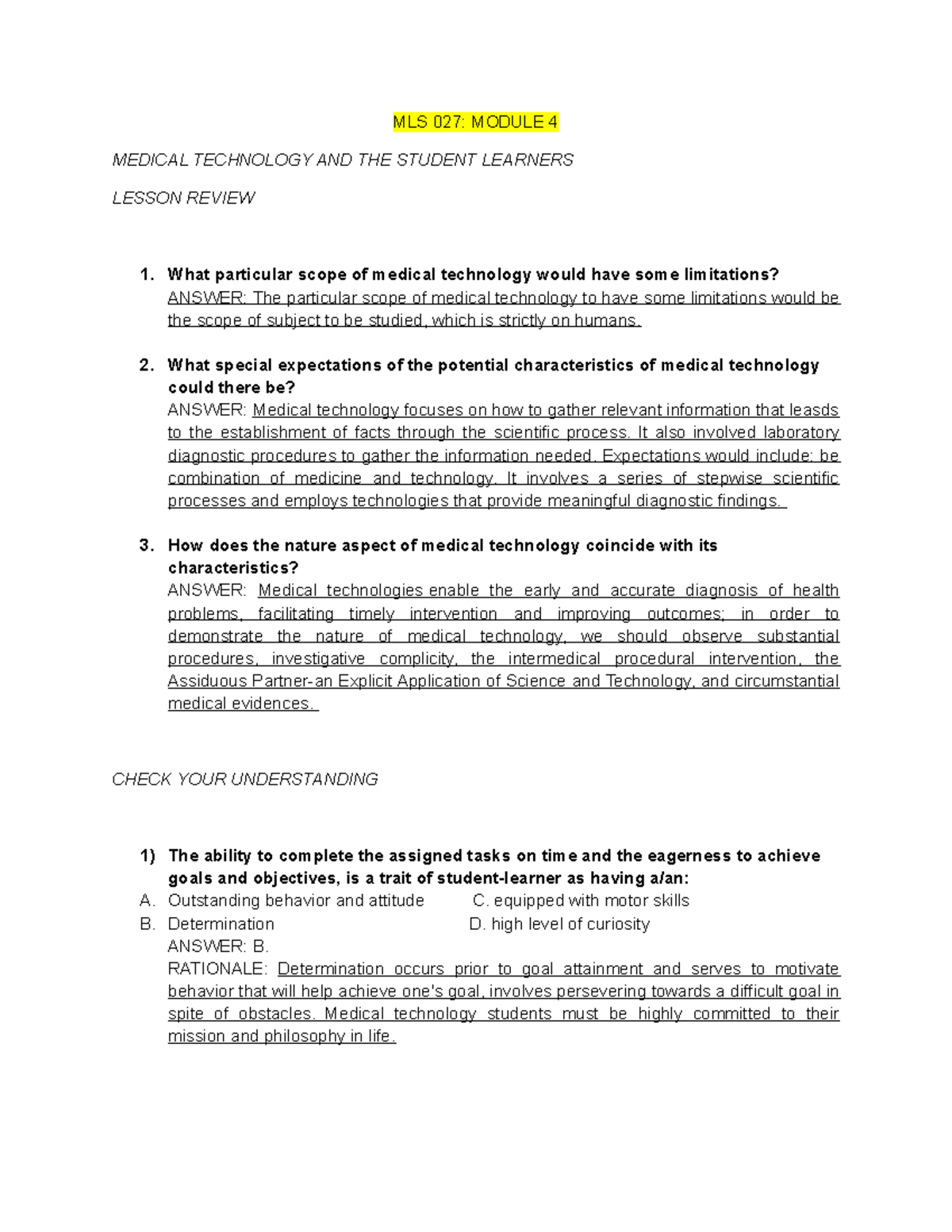 MLS 027 Module 4 (BSMT) - MLS 027: MODULE 4 MEDICAL TECHNOLOGY AND THE ...