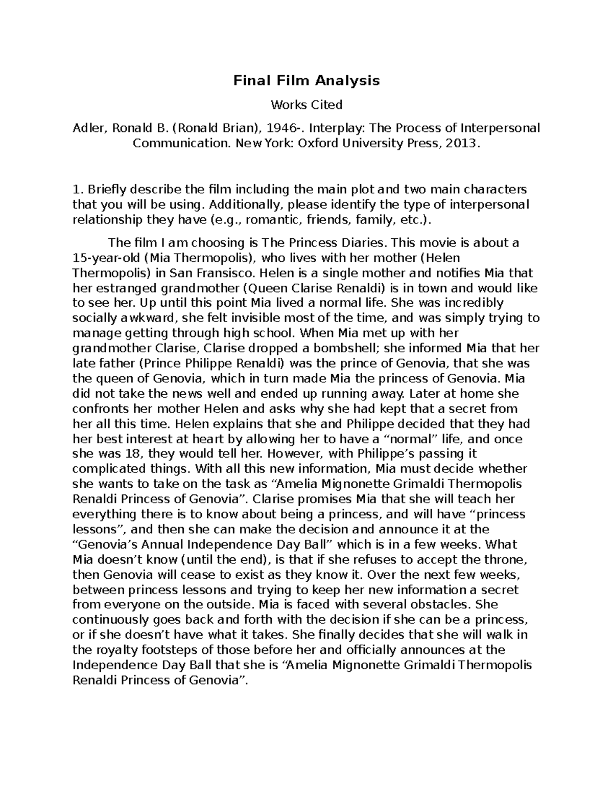 Final film analysis - Final Film Analysis Works Cited Adler, Ronald B ...