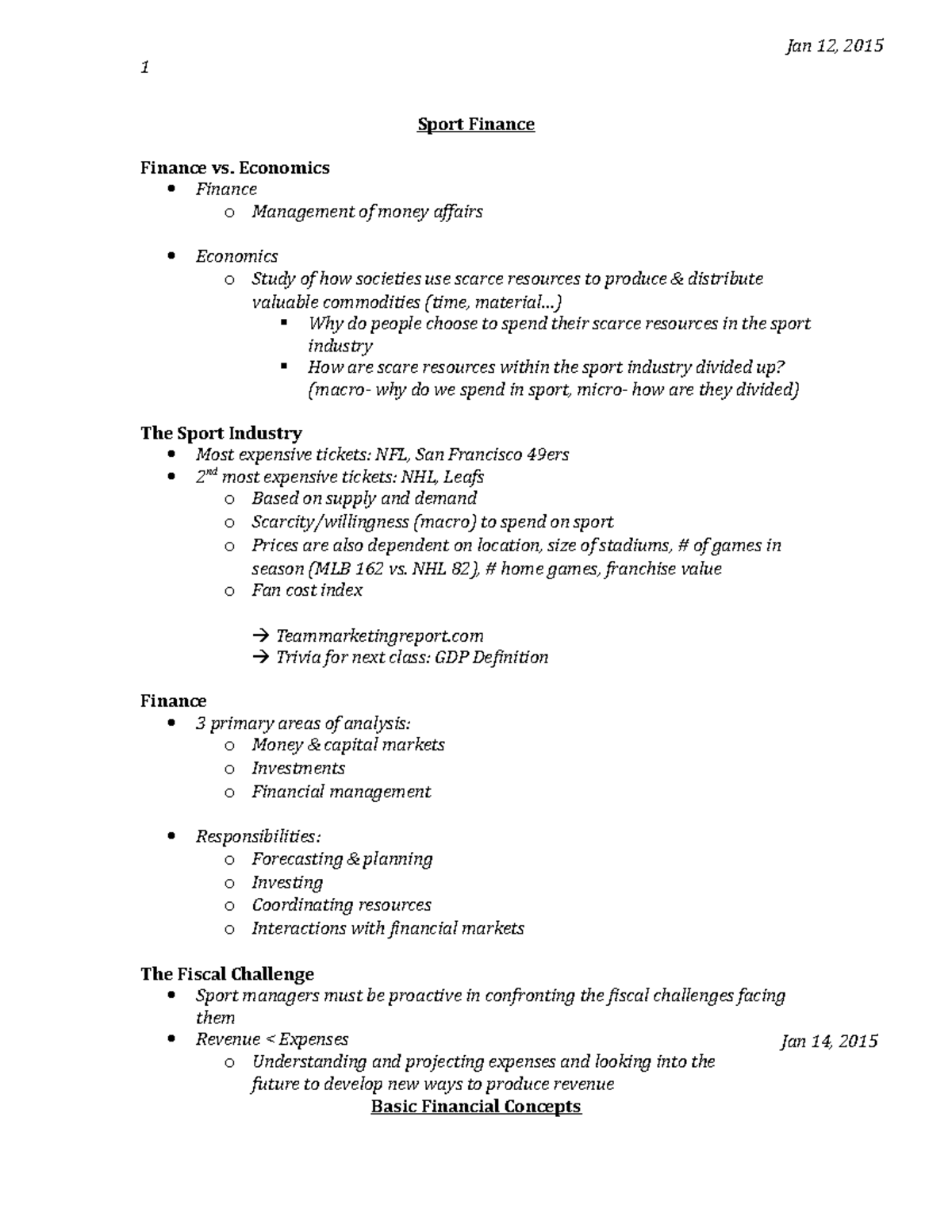 Sport Finance - Lecture notes, lectures 1 - 8 - Complete - Jan 12, 2015 ...