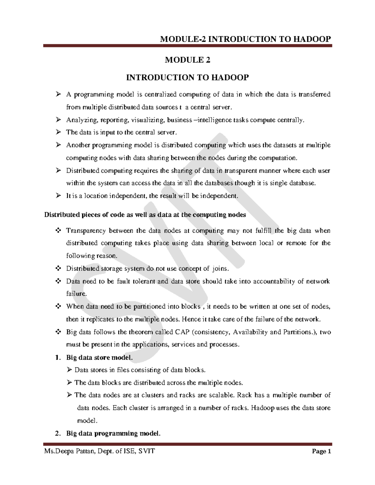 BDA MOD2 - Notes - MODULE 2 INTRODUCTION TO HADOOP A programming model ...