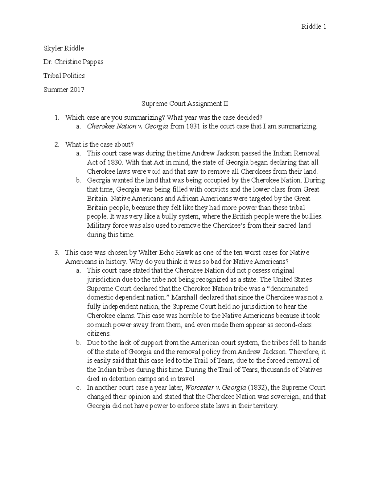 Tribal Politics Scotus Case - Cherokee Nation v. Georgia - Riddle 1 ...
