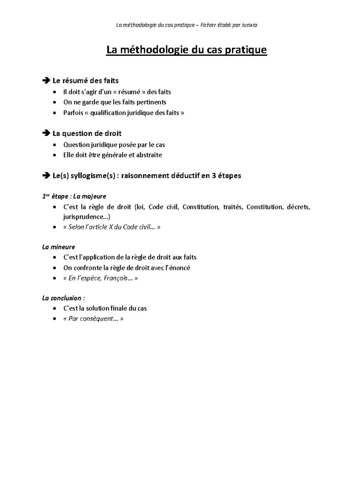 Methodologie du cas pratique - ..) - « Selon l’article X du Code civil ...