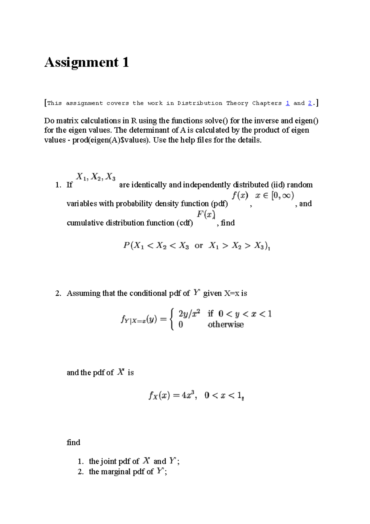STAT354 Assignment 1 - Assignment 1 [This assignment covers the work in ...