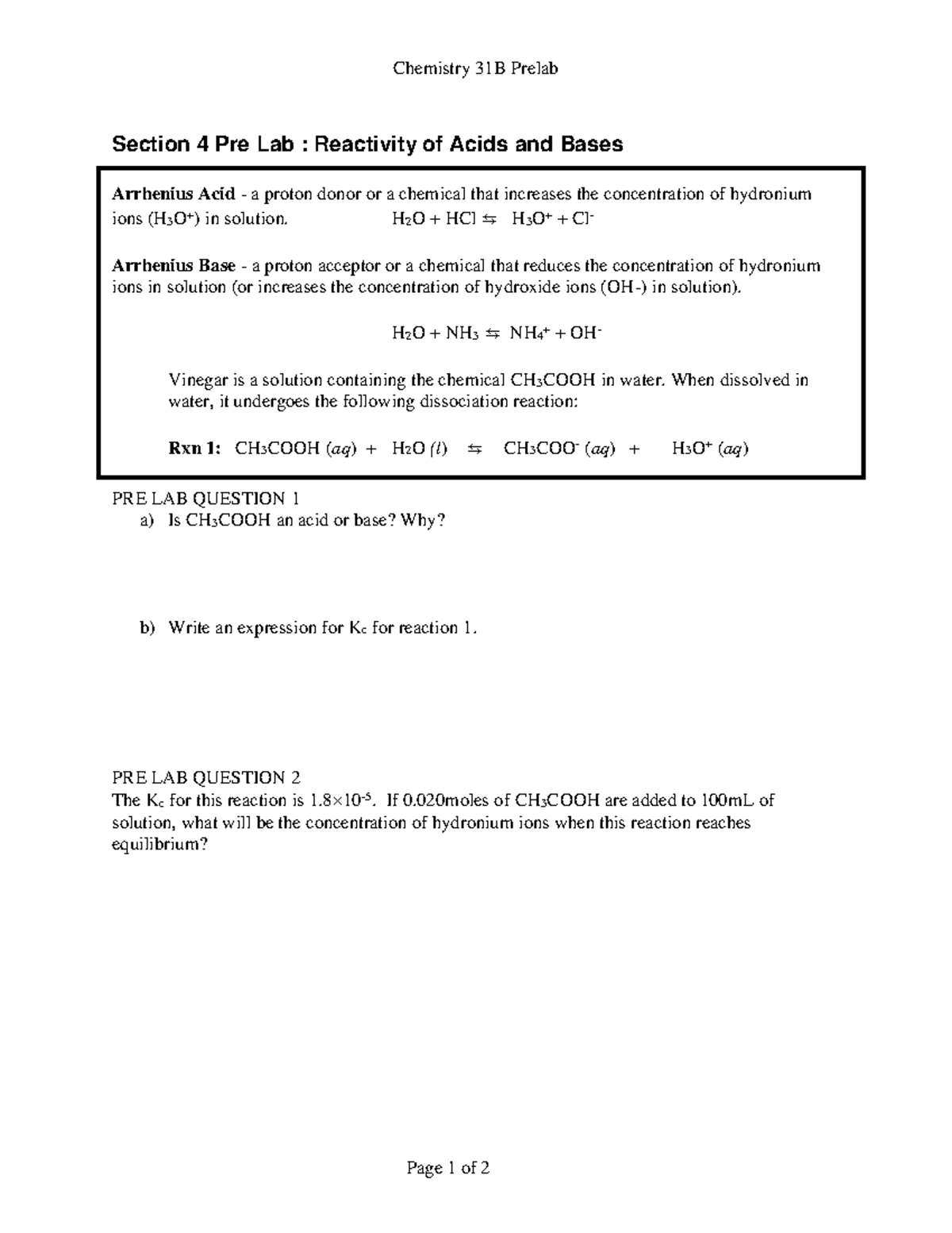 2019 Section 4 Acid Base Intro Prelab blank - Chemistry 31B Prelab ...