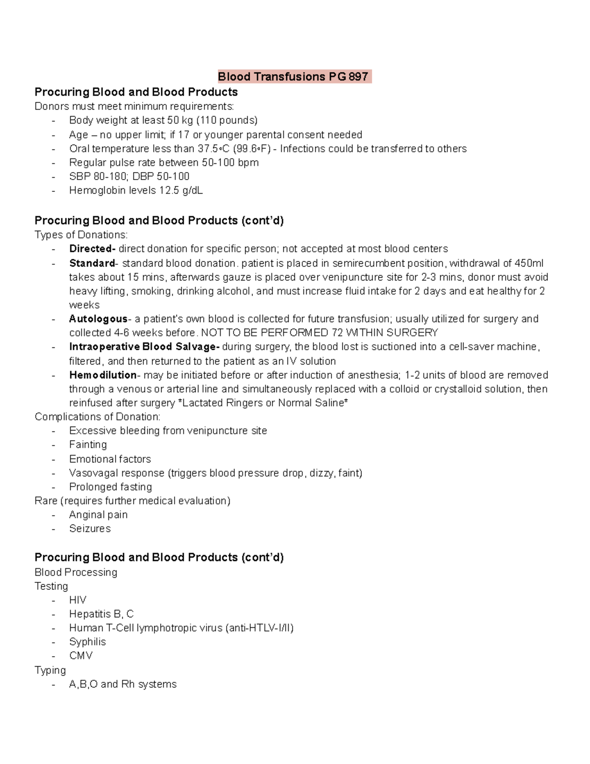 Blood Transfusions MED SURG - Blood Transfusions PG 897 Procuring Blood ...