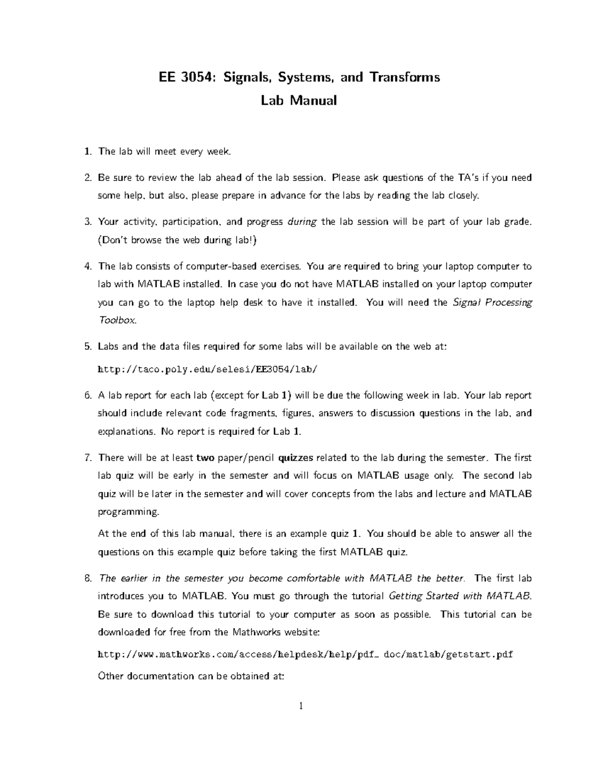 EE3054 Labs - Some labs - EE 3054: Signals, Systems, and Transforms Lab Manual The lab will meet ...