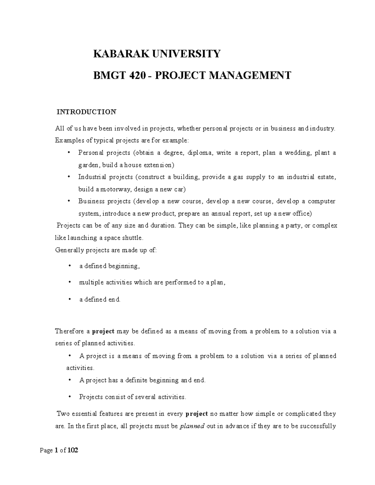 Project Management Notes FULL - KABARAK UNIVERSITY BMGT 420 - PROJECT ...