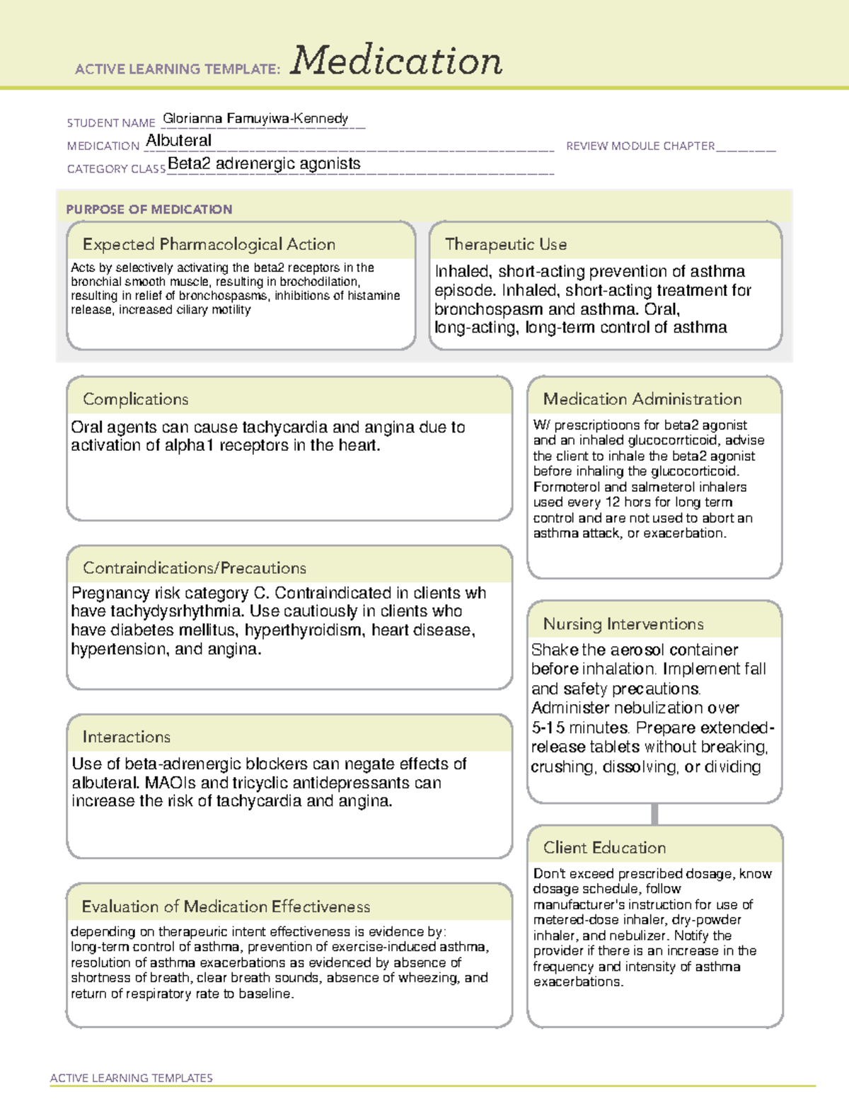Albuteral - ATI Template - ACTIVE LEARNING TEMPLATES Medication STUDENT ...