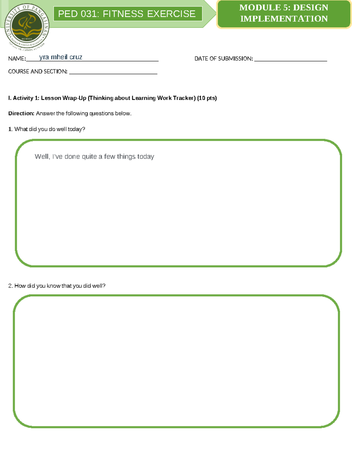 Module 5. Activities - yes - IMPLEMENTATION PED 031: FITNESS EXERCISE - Studocu