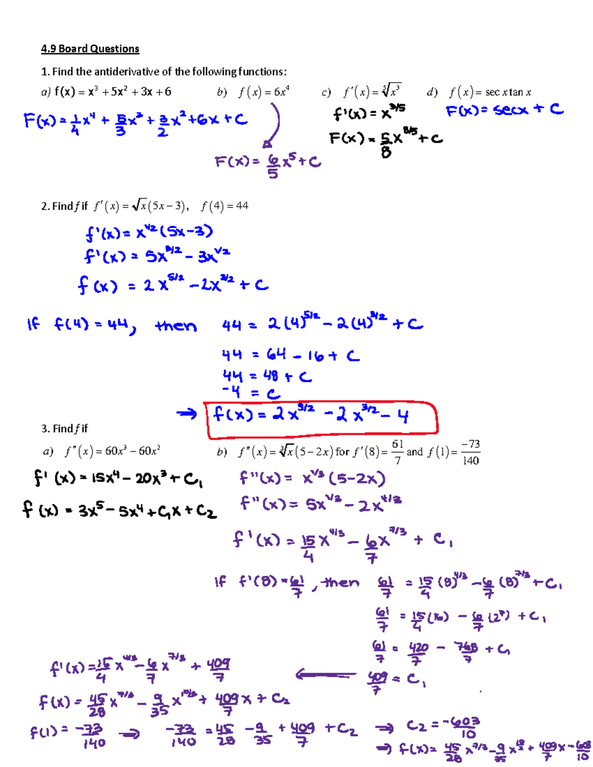 Calculus 4.9 questions - 4 Board Questions 1. Find the antiderivative ...