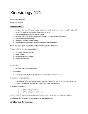 Kin 161 Notes - Kinesiology Notes Chapter 1 Notes: Kinesiology is a ...