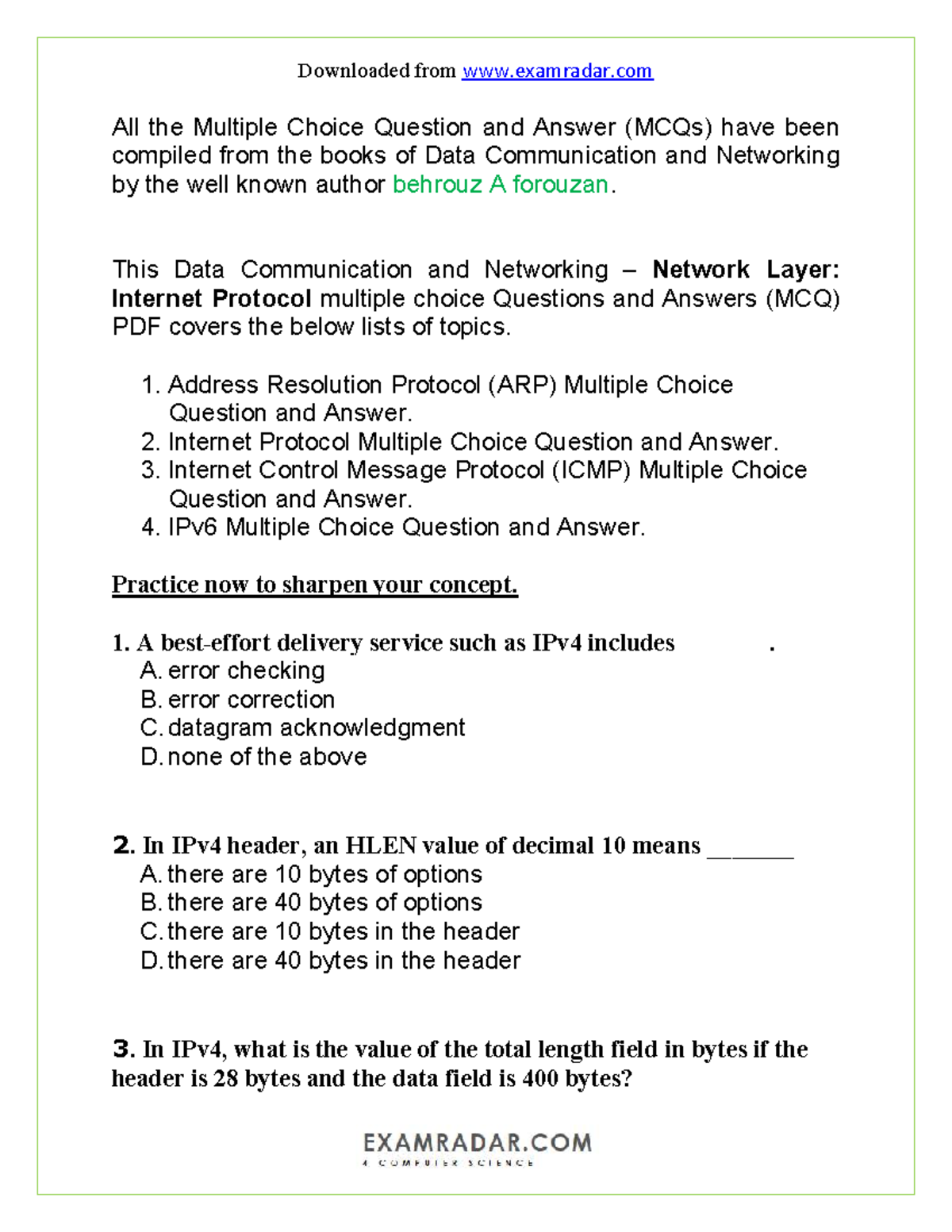 UNIT 3 IPV4 MCQ - Notes - All the Multiple Choice Question and Answer ...