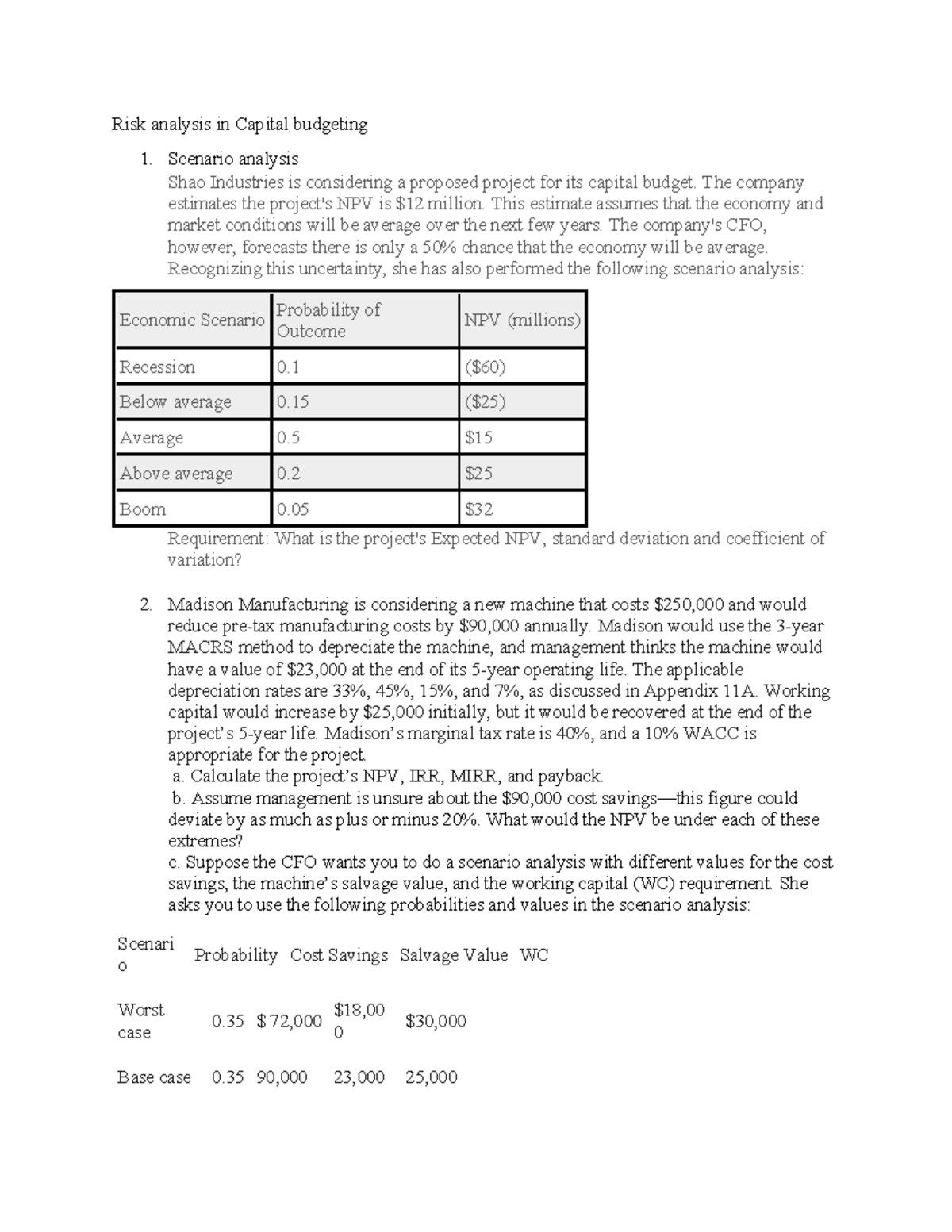 Risk analysis in Capital budgeting - Scenario analysis Shao Industries ...