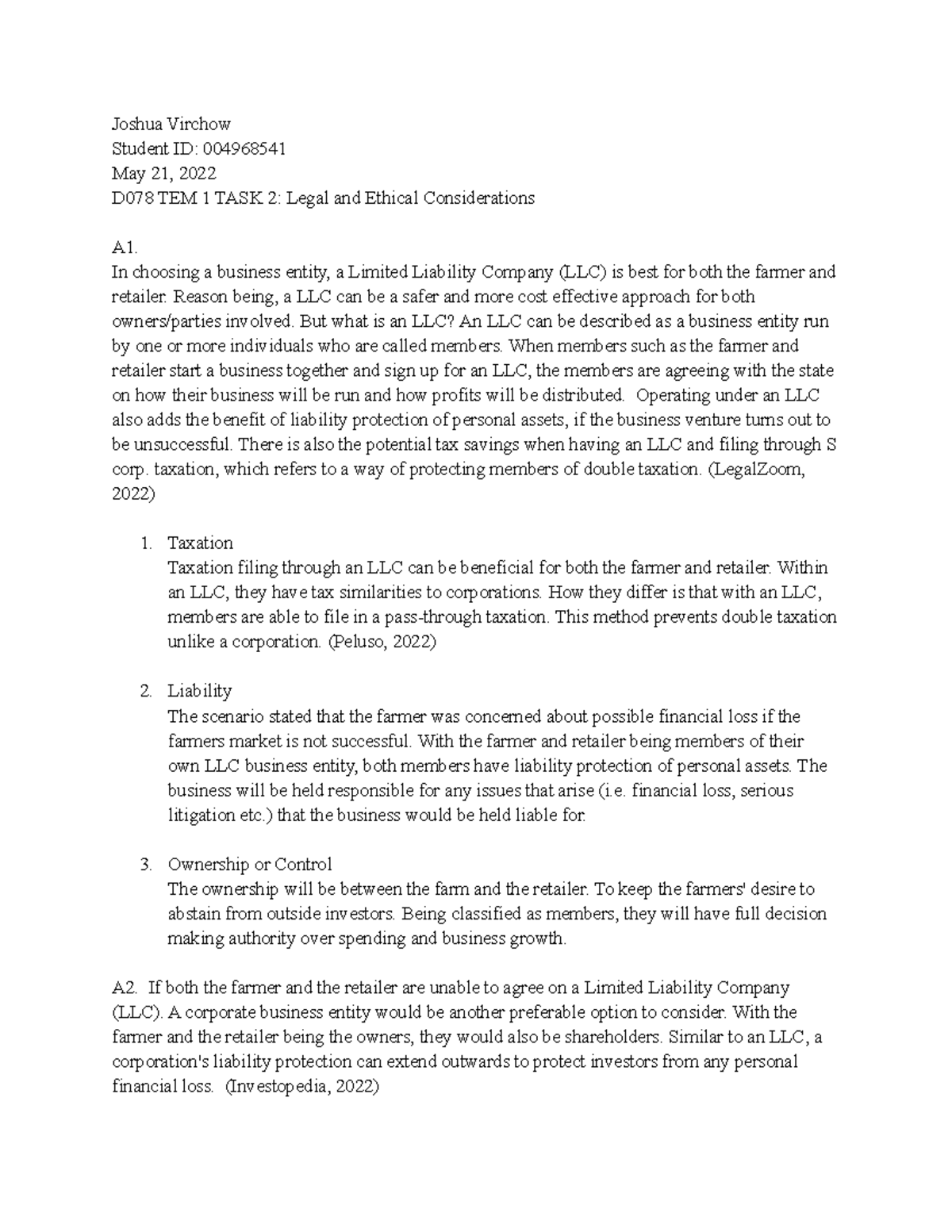 D078 Task 2,Legal and Ethical considerations - Joshua Virchow Student ...