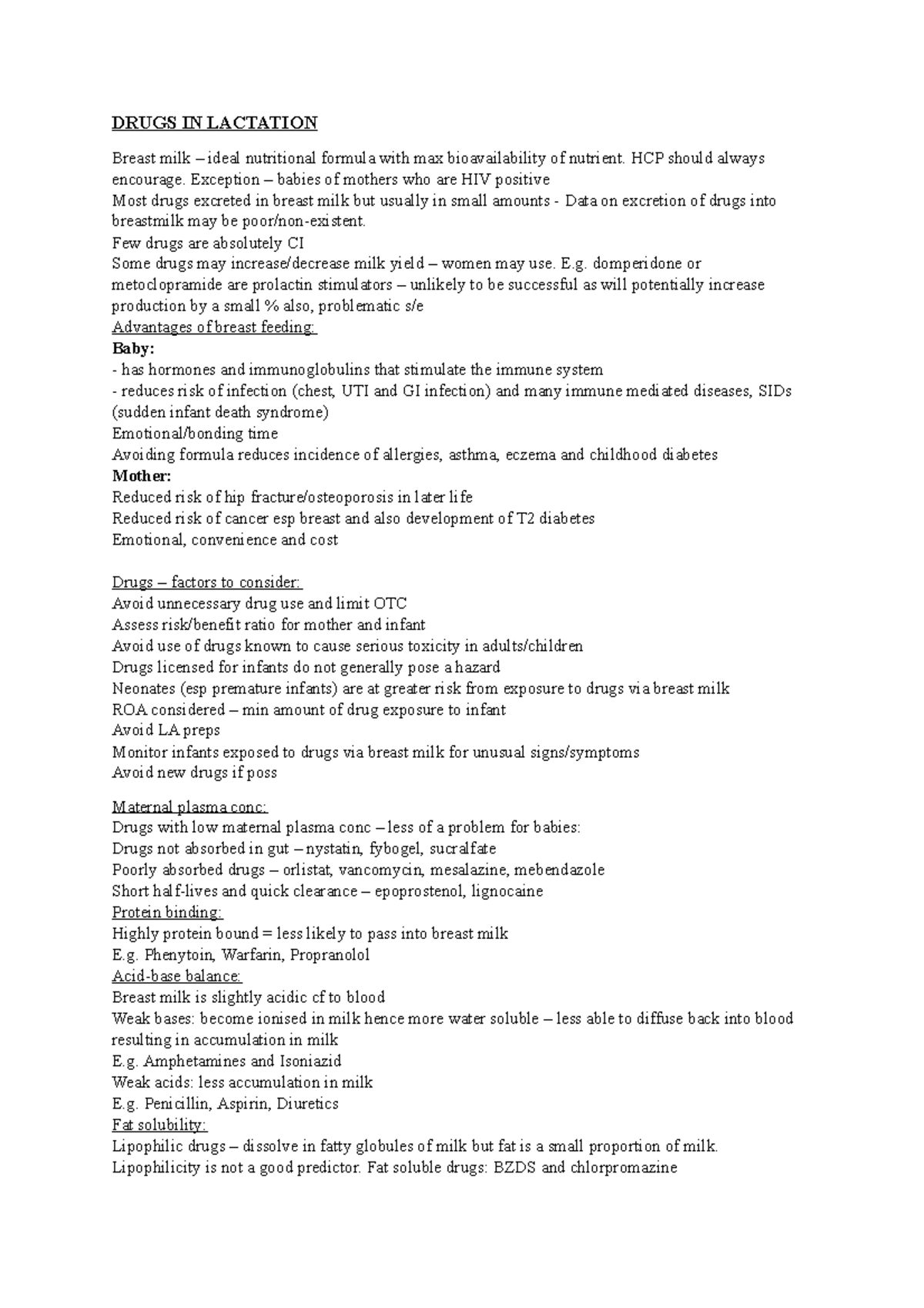 Drugs in lactation - Summary of lecture - DRUGS IN LACTATION Breast ...