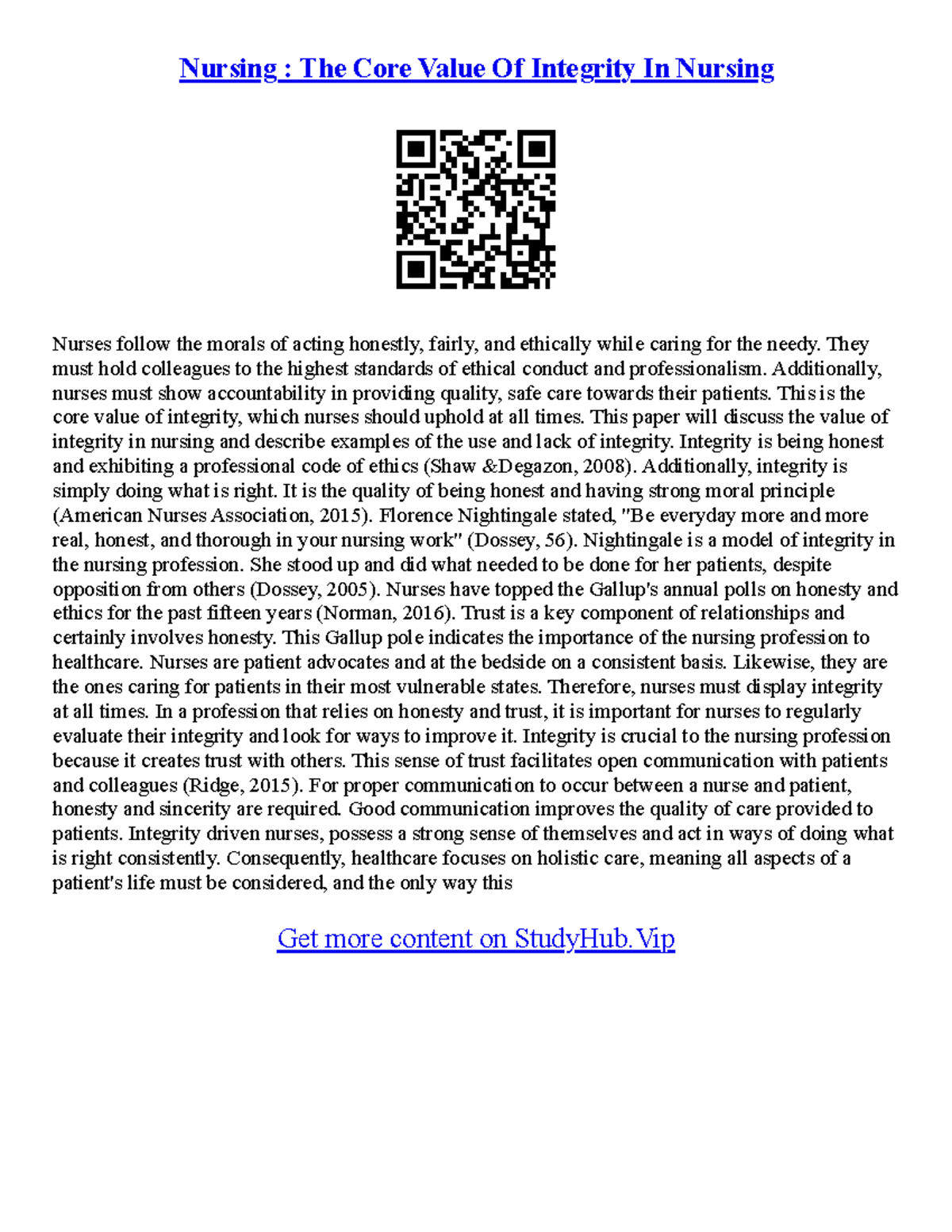 Integrity Essay Examples - Nursing : The Core Value Of Integrity In ...
